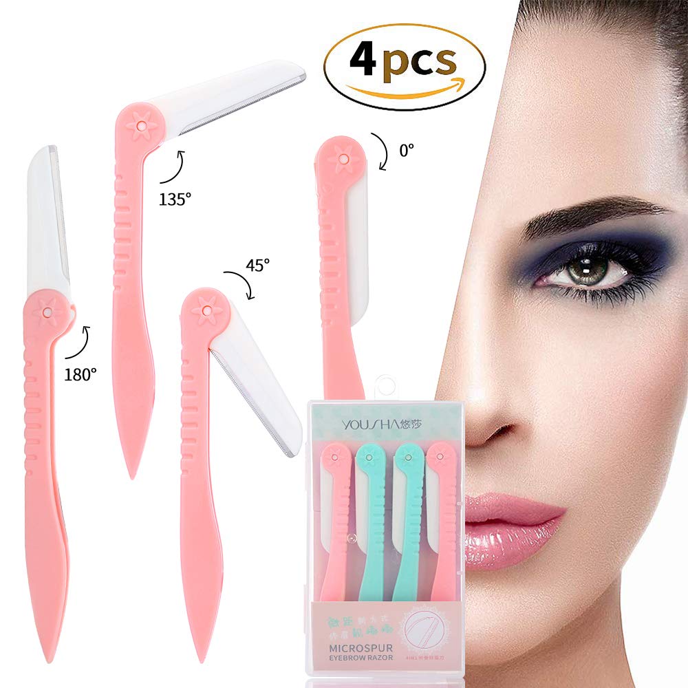 Yousha Foldable Eyebrow Razor and Facial Razors for Women, Men, Multipurpose Exfoliate Dermaplane Tool Trim and Shave Groom, Eyebrow Shaper with Plastic Box, 4pcs