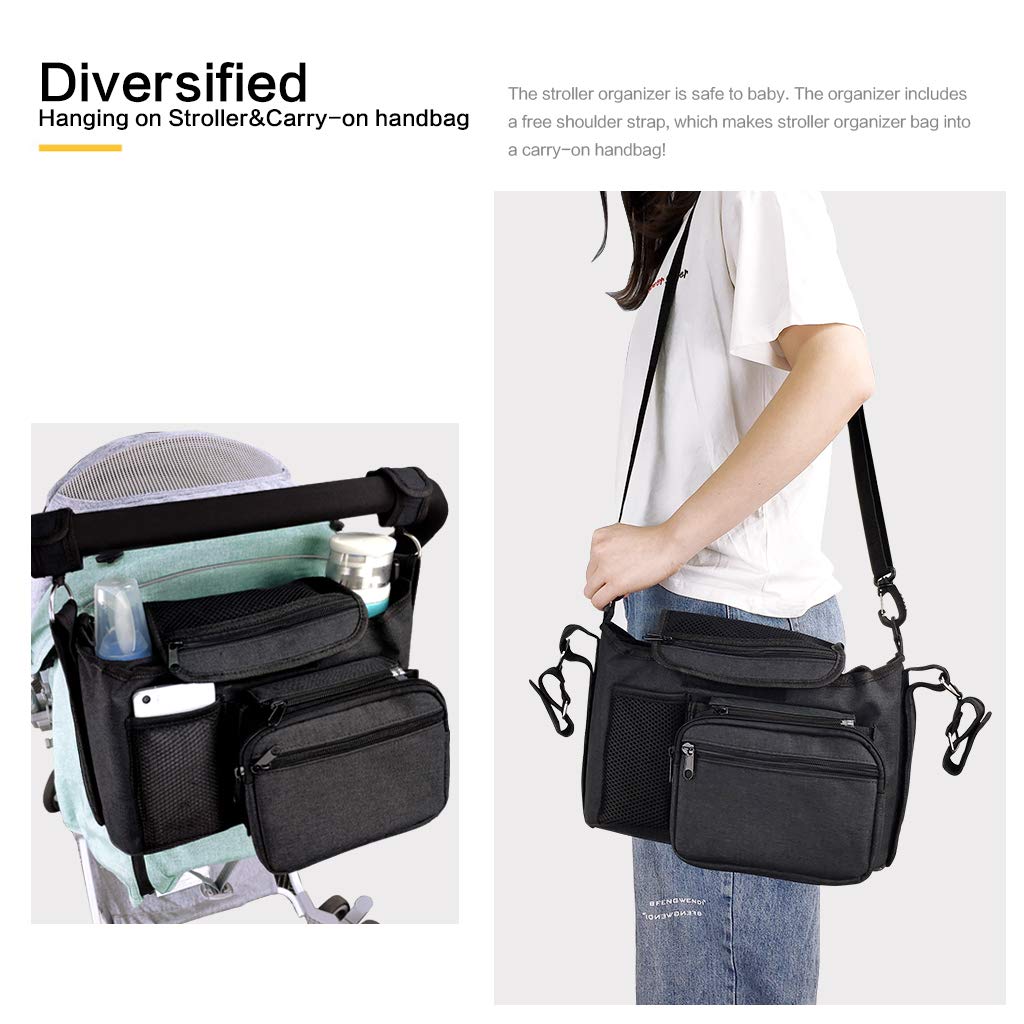 VIMUKUN Stroller Organizer Non-Slip Stroller Cup Holder Baby Travel Accessories - Stroller Accessory for Smart Parents with Shoulder Strap, Compatible with Uppababy, BOB, Baby Jogger (Black)