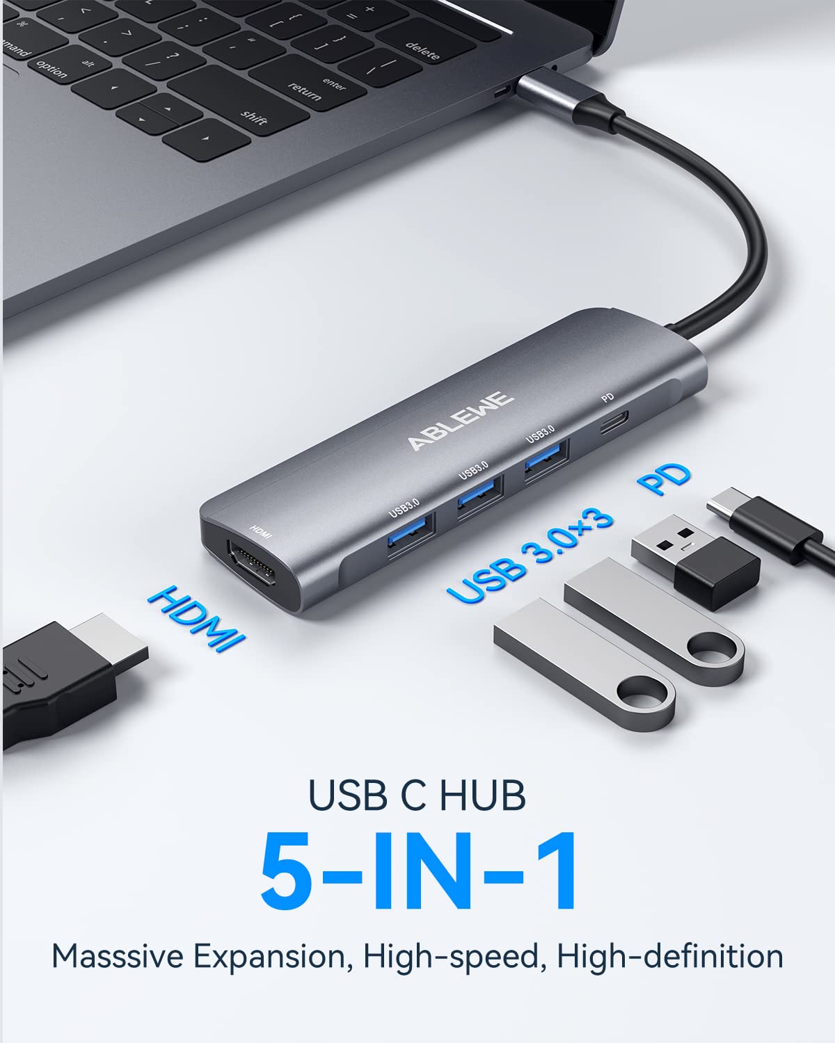 USB C Hub, ABLEWE USB C to HDMI Multiport Adapter, Thunderbolt 3 to HDMI Hub with 4K HDMI, 3*USB 3.0 and 100W PD Charging Adapter for MacBook Pro/Air 2020, iPad Pro/Chromebook/Pixelbook/XPS/Surface