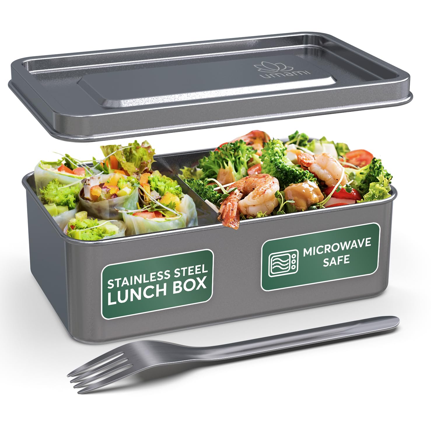 Umami Stainless Steel Bento Box Adult w/Fork & Divider, Microwave Safe (Yes!) & Dishwasher Safe, 100% Leakproof, Large Stainless Steel Metal Lunch Container for Adults