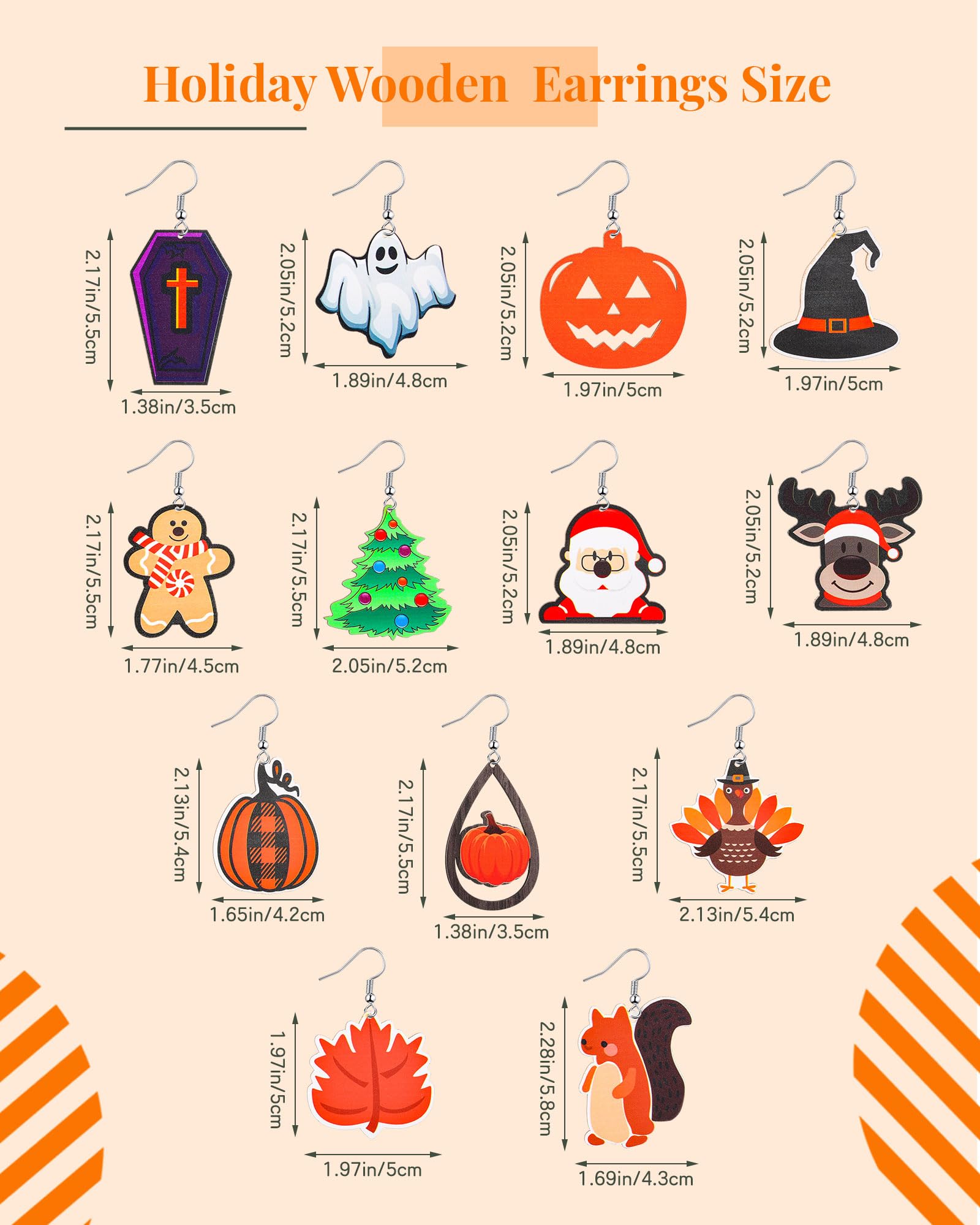 Tigeen 24 Pairs Festival Wood Cute Painted Holiday Wooden Teardrop Dangle for Gift(Pumpkin, Snowman)