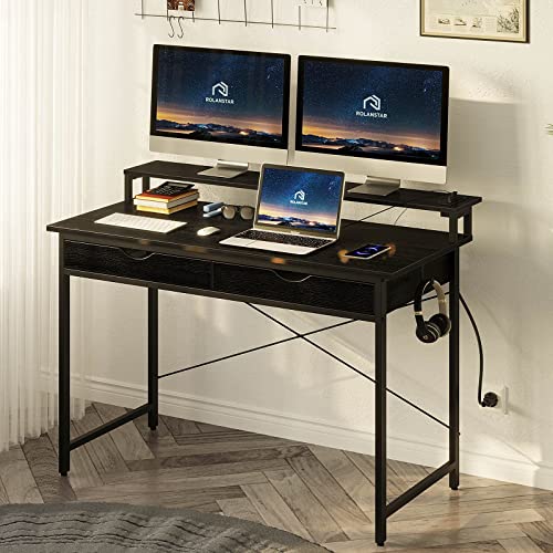 Rolanstar Computer Desk with 2 Drawers and Power Outlet, 39" Home Office Writing Desk with Monitor Stand, Workstation Table with Stable Metal Frame, Black
