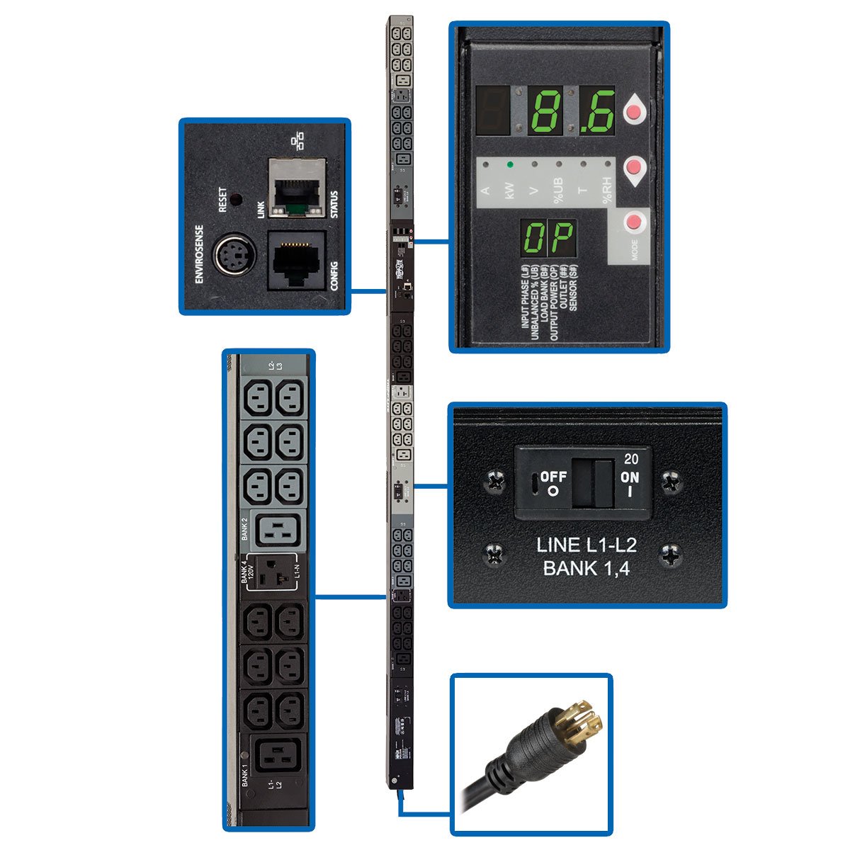 Tripp Lite Monitored PDU, 8.6kW 3-Phase, 208/120V 45 Outlets (36 C13, 6 C19 & 3 5-15/20R), NEMA L21-30P, 3 ft. Cord, 0U Vertical, TAA (PDU3VN3L2130)