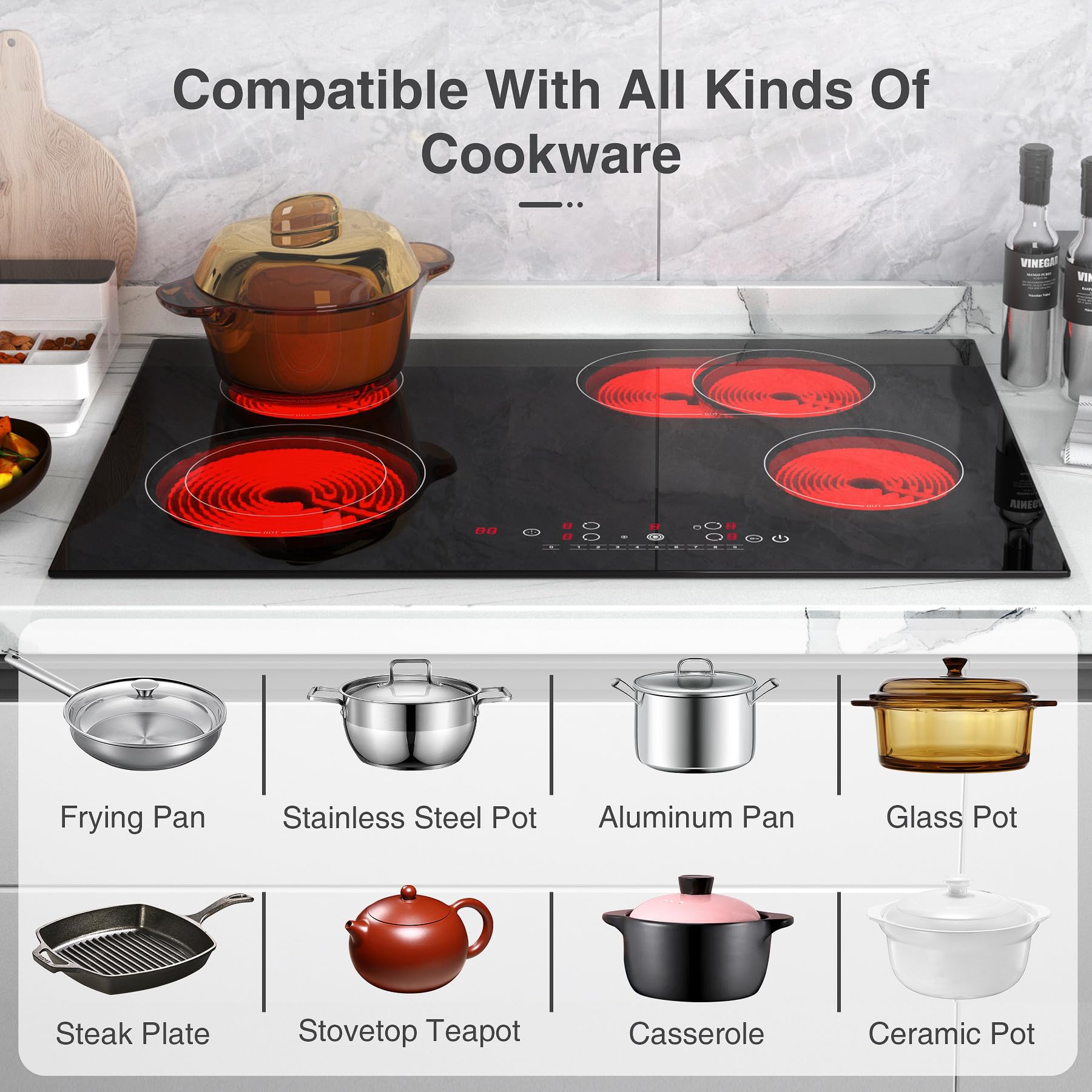 VBGK Electric cooktop 30 inch,240V 7200W Electric Stove 4 burner,Built-in and Countertop Electric Stove Top, LED Touch Screen,9 Heating Level, Timer & Kid Safety Lock, Touch Control