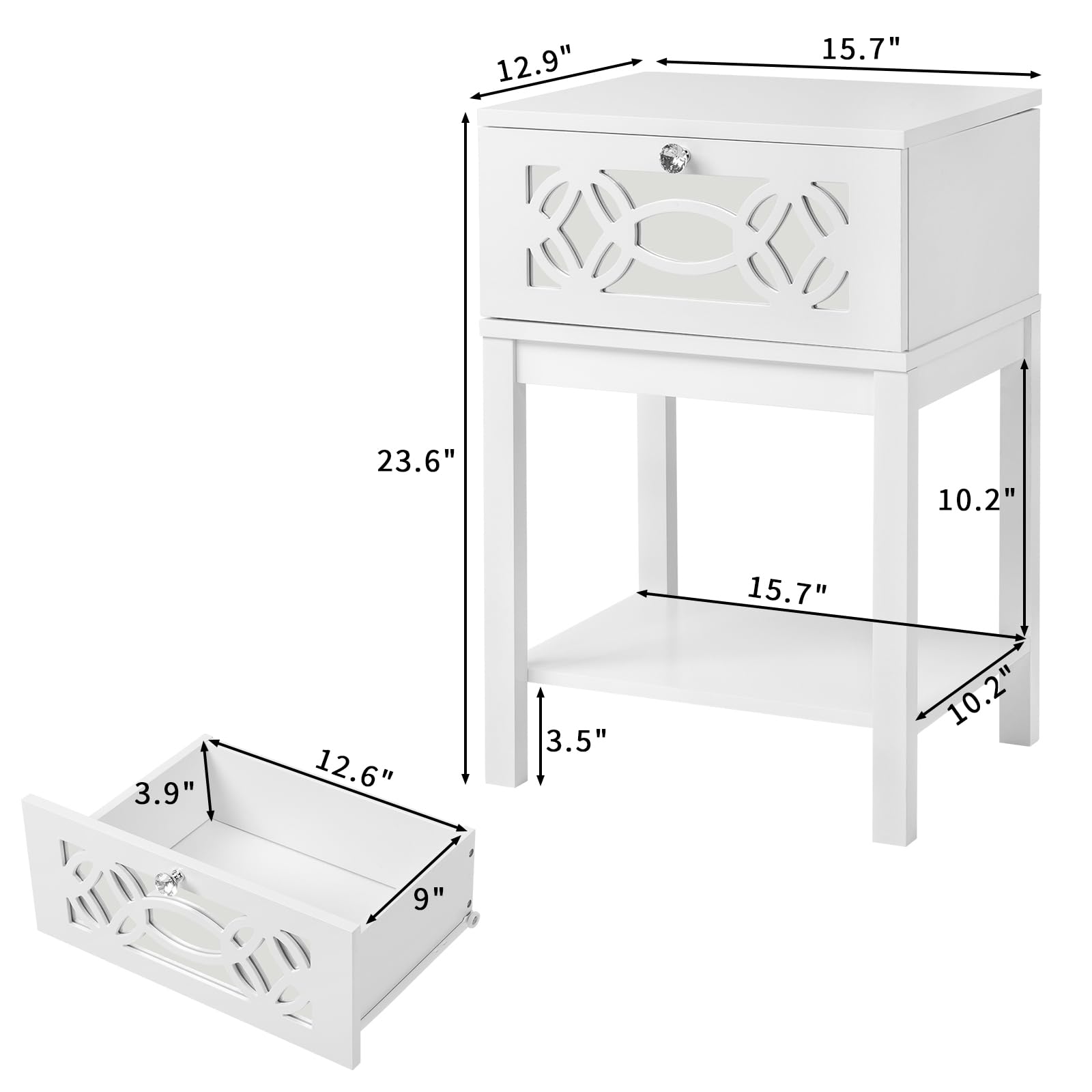 White Nightstand Set of 2, Modern Bedside Table with Mirror and Carved Design, End Table with Drawer and Open Storage Shelf, White Side Table for Bedroom, Living Room, Apartment, White