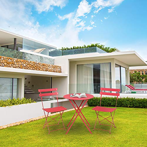 VINGLI Steel Patio Bistro Set, 3 Piece Folding Outdoor Patio Furniture Sets, Folding Patio Round Table and Chairs(Red)