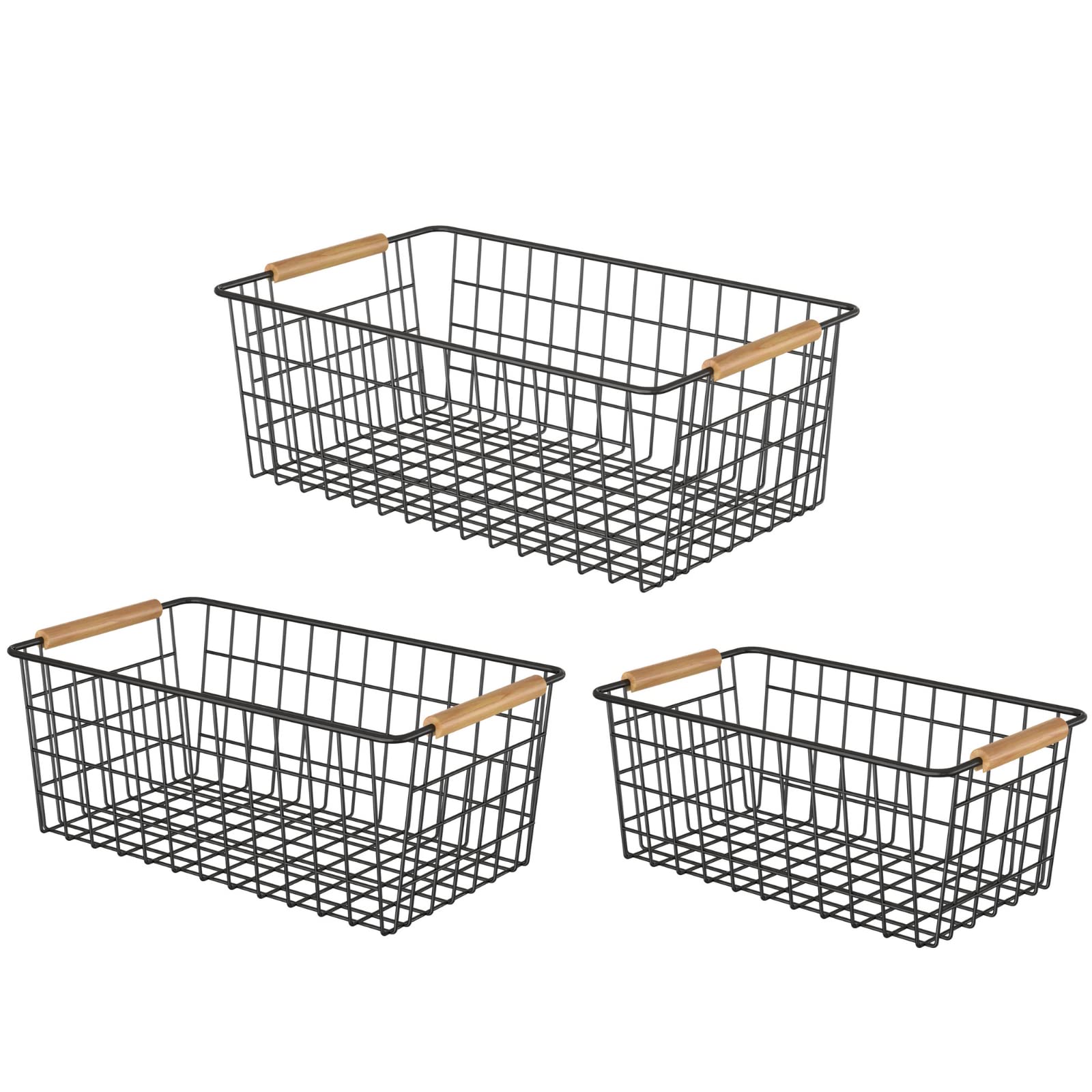 YOUVIP Wire Storage Baskets with Wooden Handles, 3 Pack Metal Organizer Baskets for Kitchen, Pantry, Freezer, Laundry,Farmhouse,Bathroom Baskets for Organizing,Black (1 Small, 1 Medium, 1 Large)