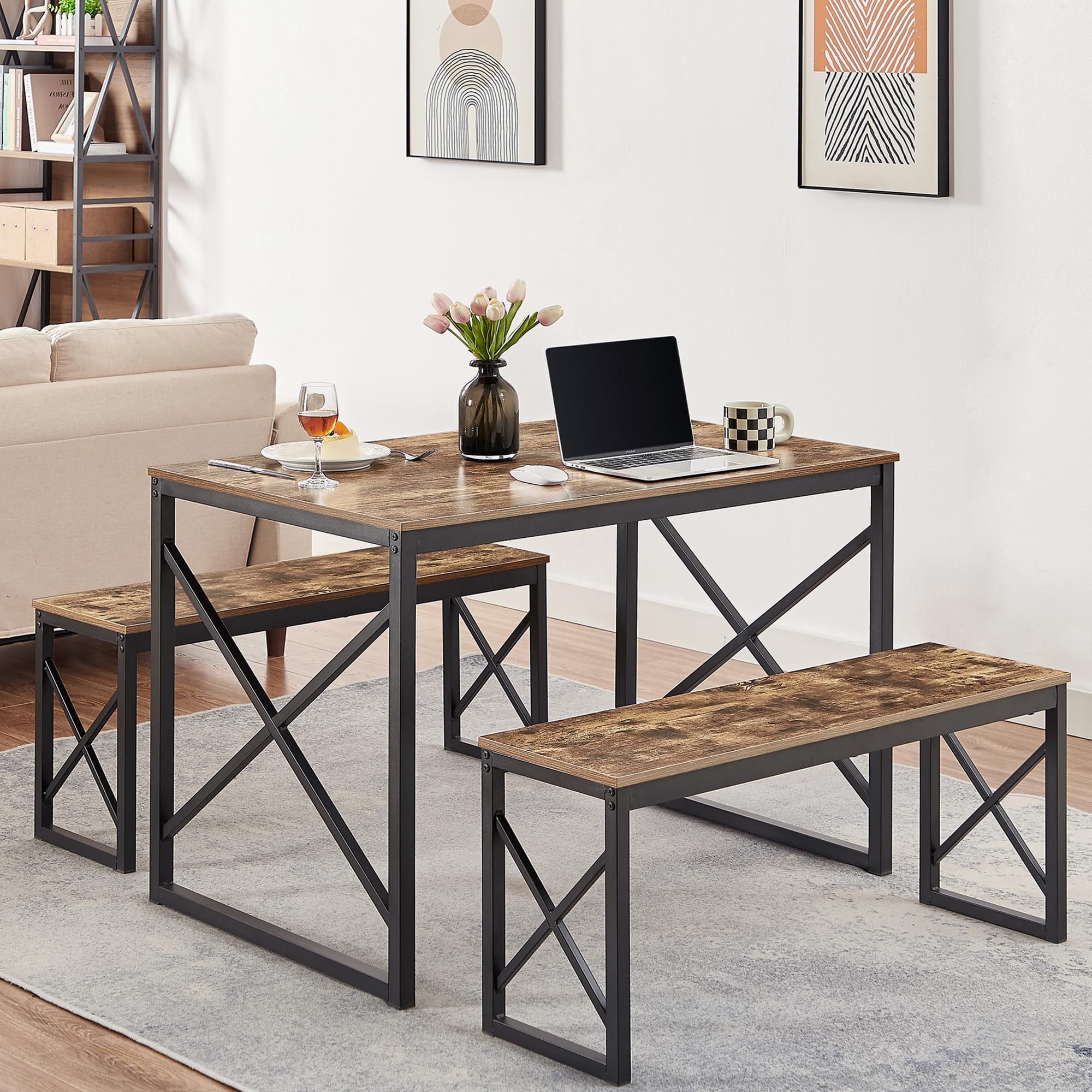 VECELO 43.3 Inch Dining Table Set for 4, Rectangle Dinner Breakfast Dinette with 2 Benches, Thickened Metal Frame & Board, for Kitchen, Living Room, and Small Space, 43.3", Rustic Brown