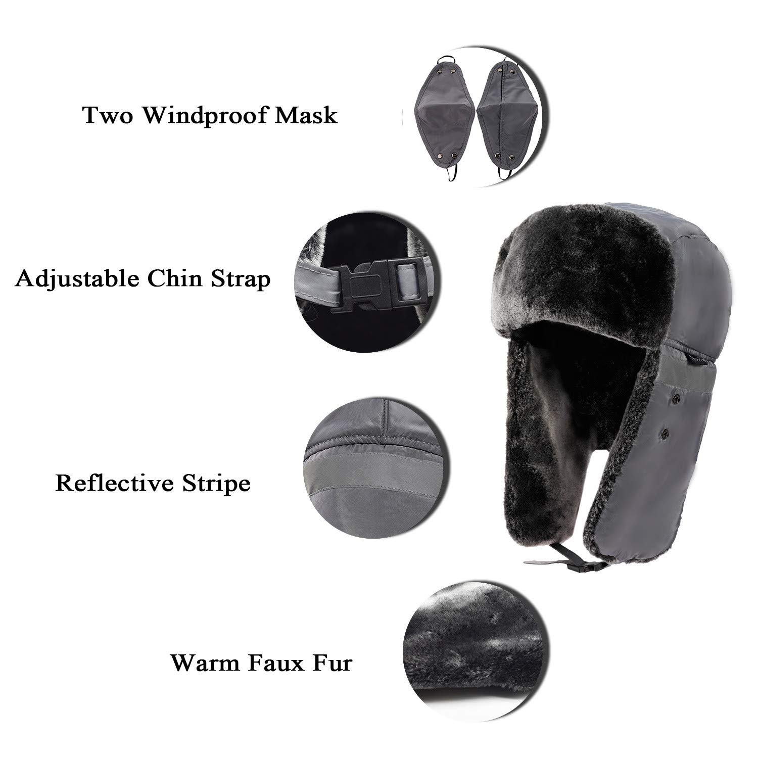 Ushanka Winter Russian Trapper Hats - Men Trooper Hat Black Hunting Skiing Cap with Ear Flaps 2 Pcs Windproof Mask for Cold Weather