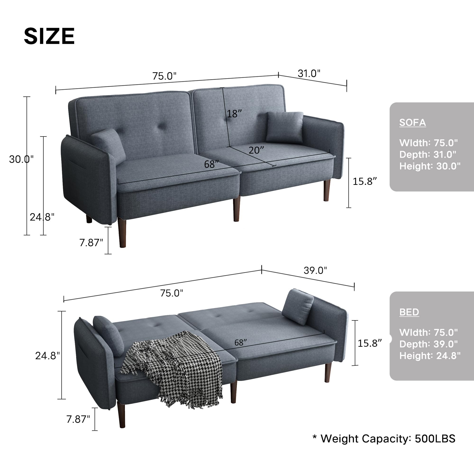Tiophome Convertible Futon Sofa Bed Sleeper Couch Folding Lounge Living Room Linen Upholstered 75 INCH 3 Setaer Loveseat with Armrest & 2 Pillows & 3 Backrest Settings-120°/150°/180°, Gray, Grey