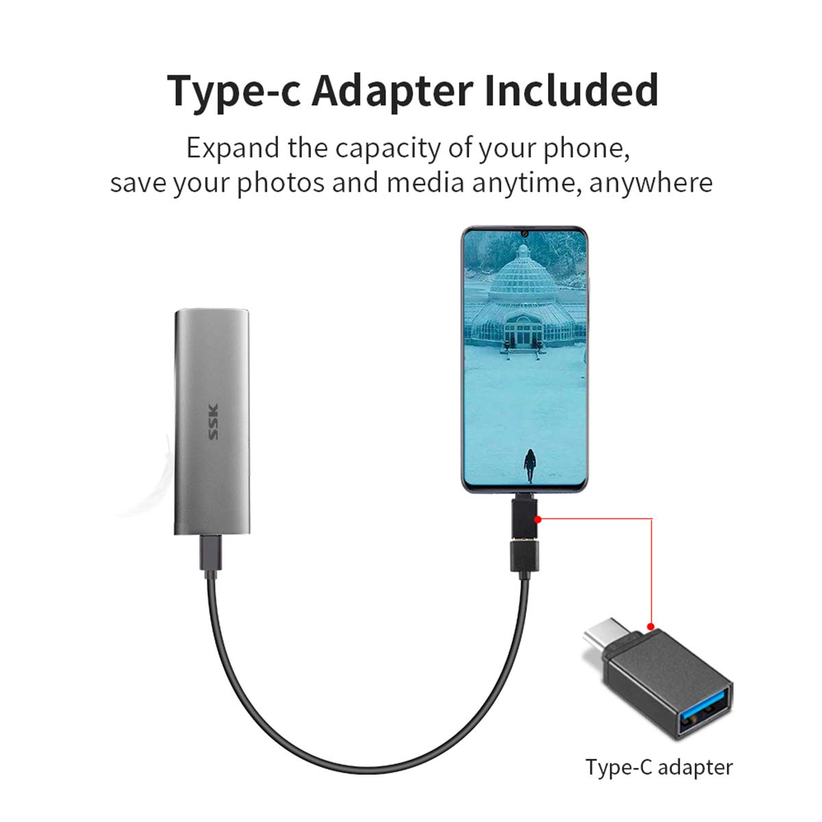 SSK 1TB Portable External SSD,USB3.2 Gen2(6Gbps) Ultra Speed External Solid State Drive USB-C Mini External SSD with 550MB/s Data Transfer for Laptop, Typc C Phones and More