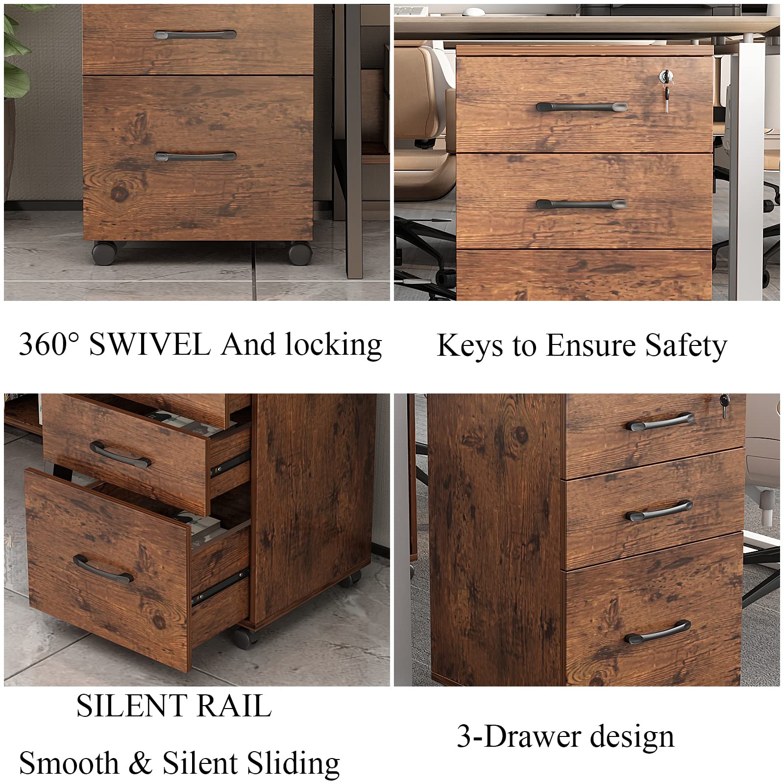 YQ JENMW File Cabinet 3 Drawers with 1 Lock, Wooden Rolling Mobile Filing Cabinet, Under Desk File Cabinet with Wheels, Removable File Cabinet for Home Office,Office Storage Cabinet Under Desk,Brown