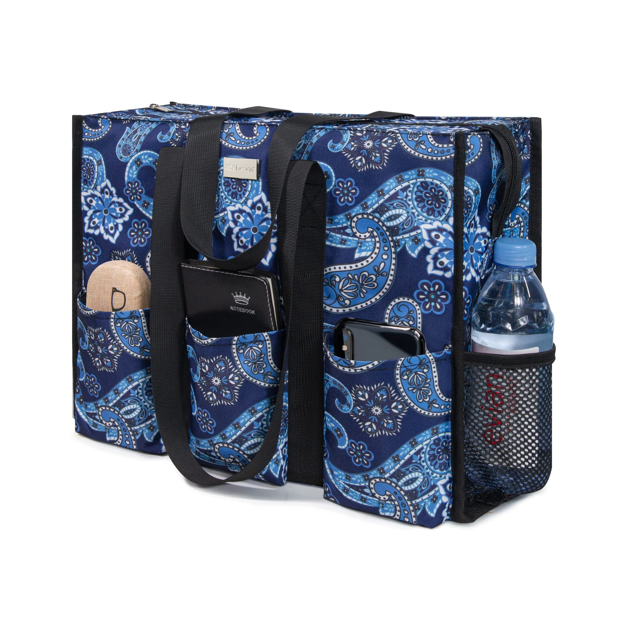 TOPDesign Utility Water Resistant Tote Bag with 13 Exterior & Interior Pockets, Top Zipper Closure & Thick Bottom Support (Blue Bandanna)