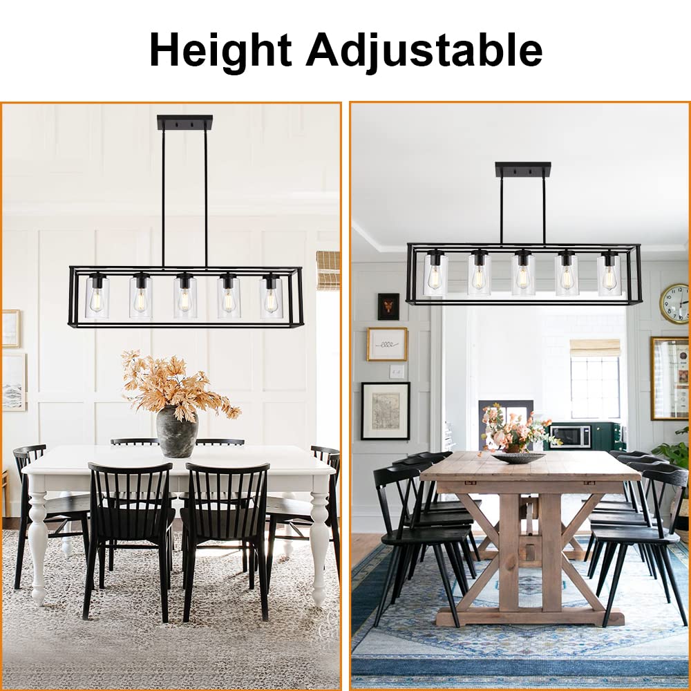 VINLUZ Farmhouse Chandeliers Rectangle Black 5 Light Dining Room Lighting Fixtures Hanging, Kitchen Island Cage Pendant Lights Contemporary Modern Ceiling Light with Glass Shade Adjustable Rods