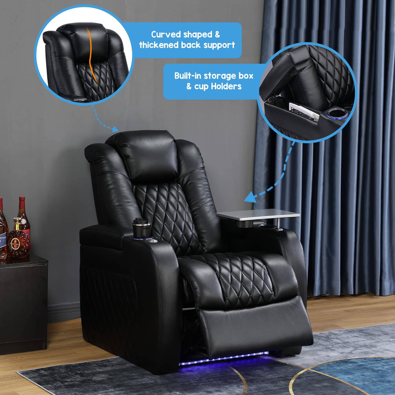 Weilianda Home Theater Seating Top Grain Leather Recliner Chair with Dual Power,Type-C USB Charge,and Wireless Charging with Tray Table - Black
