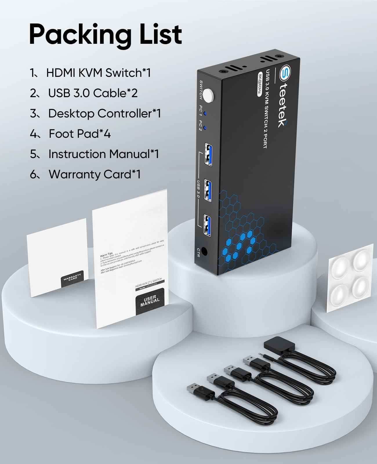 Steetek 8K HDMI KVM Switch 1 Monitors 2 Computers, with 3 USB 3.0 Hub, 8K@60Hz HDMI 2 Port KVM Switch,EDID Adaptive, Plug and Play