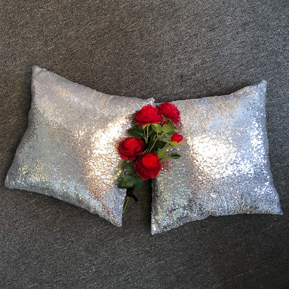 Ushinemi Sequin Throw Pillow Cases, Silver Glitter Square Throw Pillow Covers, Throw Pillow Cover for Sofa Couch Home Festivals Holiday Decor, 16x16β, Set of 2