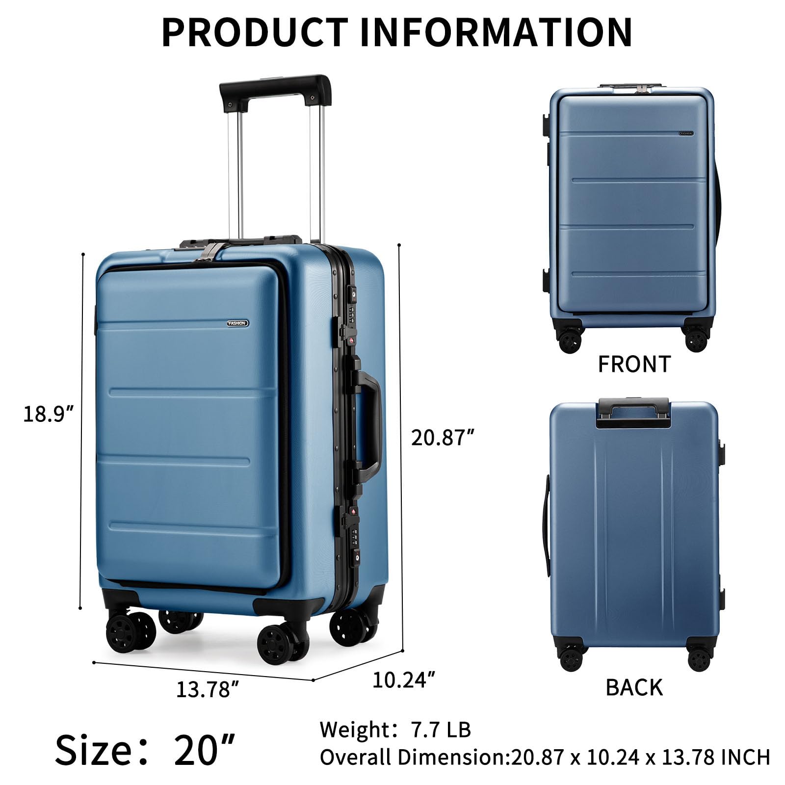 YUNASAY Aluminum Frame 22x14x9 Carry on Luggage with Front Compartment & USB Charging Port, PC Hardside Suitcase with Spinner Wheels TSA Lock for Travel Rolling Luggage (Blue, 20inch)
