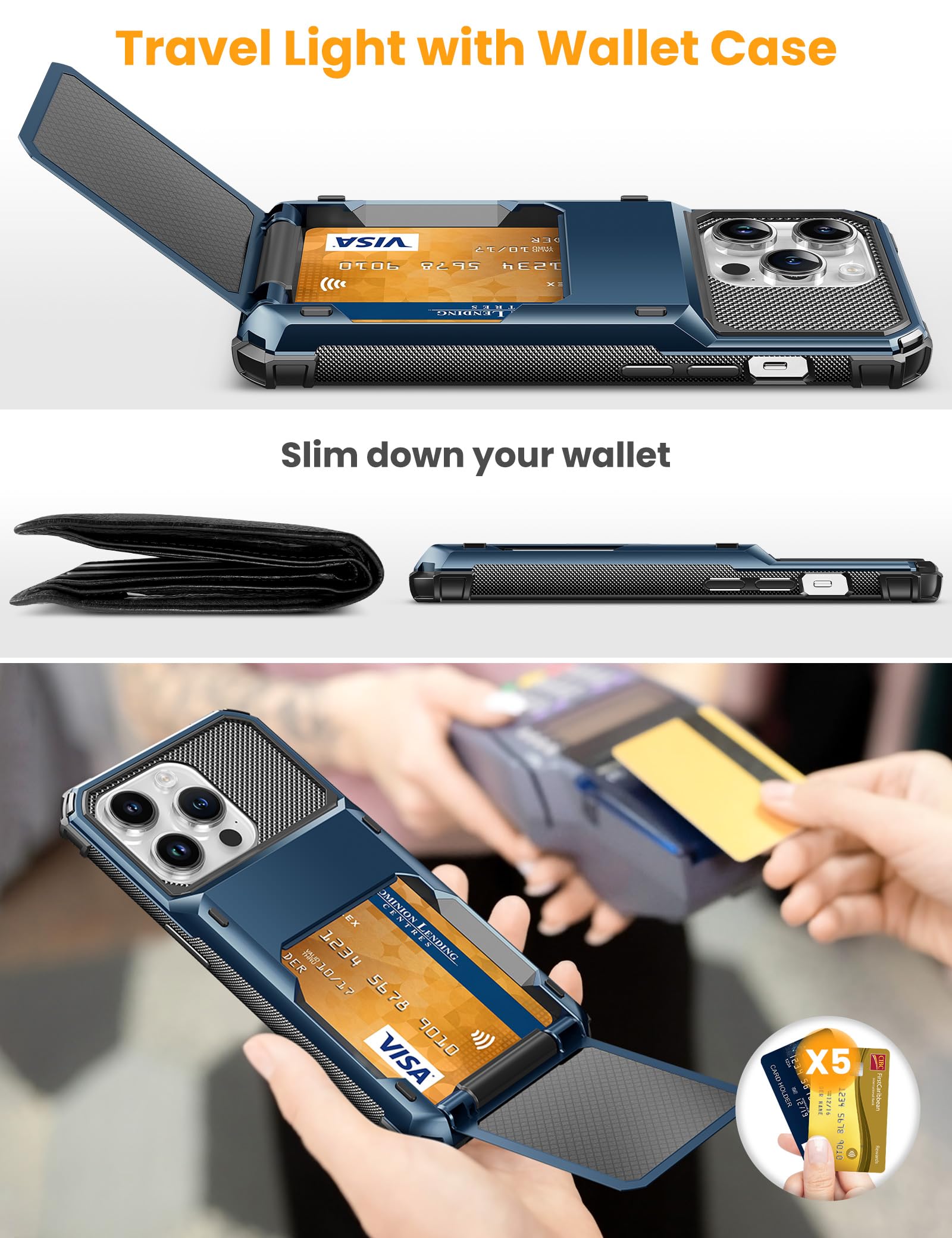 TITACUTE for iPhone 15 Pro Max Case 6.7 Wallet 5 Credit Card Holder Slot Flip Cover Design Back Pocket Scratch Resistant Hard Shell Hybrid Protective Bumper Armor for iPhone 15 Pro Max Navy Blue