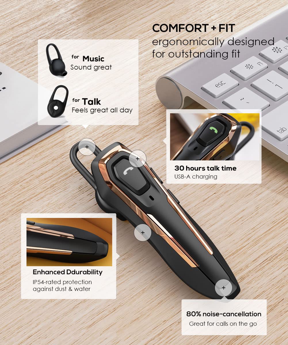 ZOUKAI Bluetooth Headset, Noise Cancelling with 2 Microphones, 30 Hours Talk Time, Announce Caller ID, Hands Free Bluetooth Wireless Earpiece for Cell Phones/Laptop/PC
