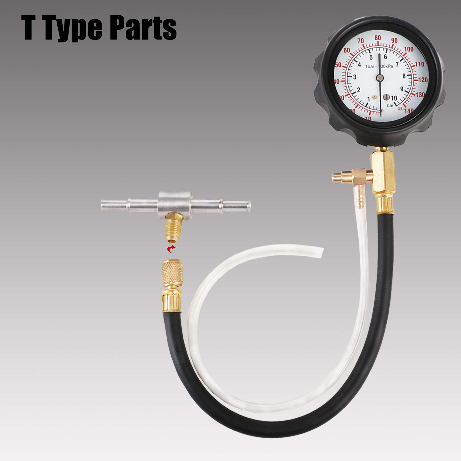 YSTOOL Fuel Pressure Tester Gauge Kit 140PSI Automotive Engine Injector Pump Test Gasoline Gas Injection Manometer Tool Set with Inline Fitting Schrader Adapter for Auto Car Motorcycle (Red Case)