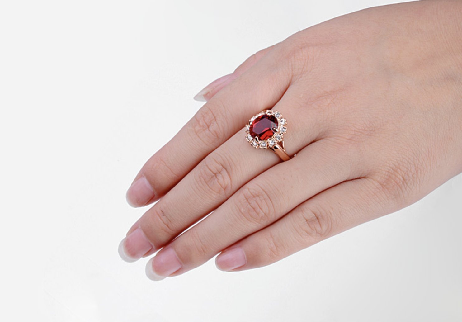 Rose Gold Plated Oval Shaped Ring with Ruby Red Swarovski element Crystal and Clear Round Shaped Cubic Zirconia Fashion Jewelry for Women (8)