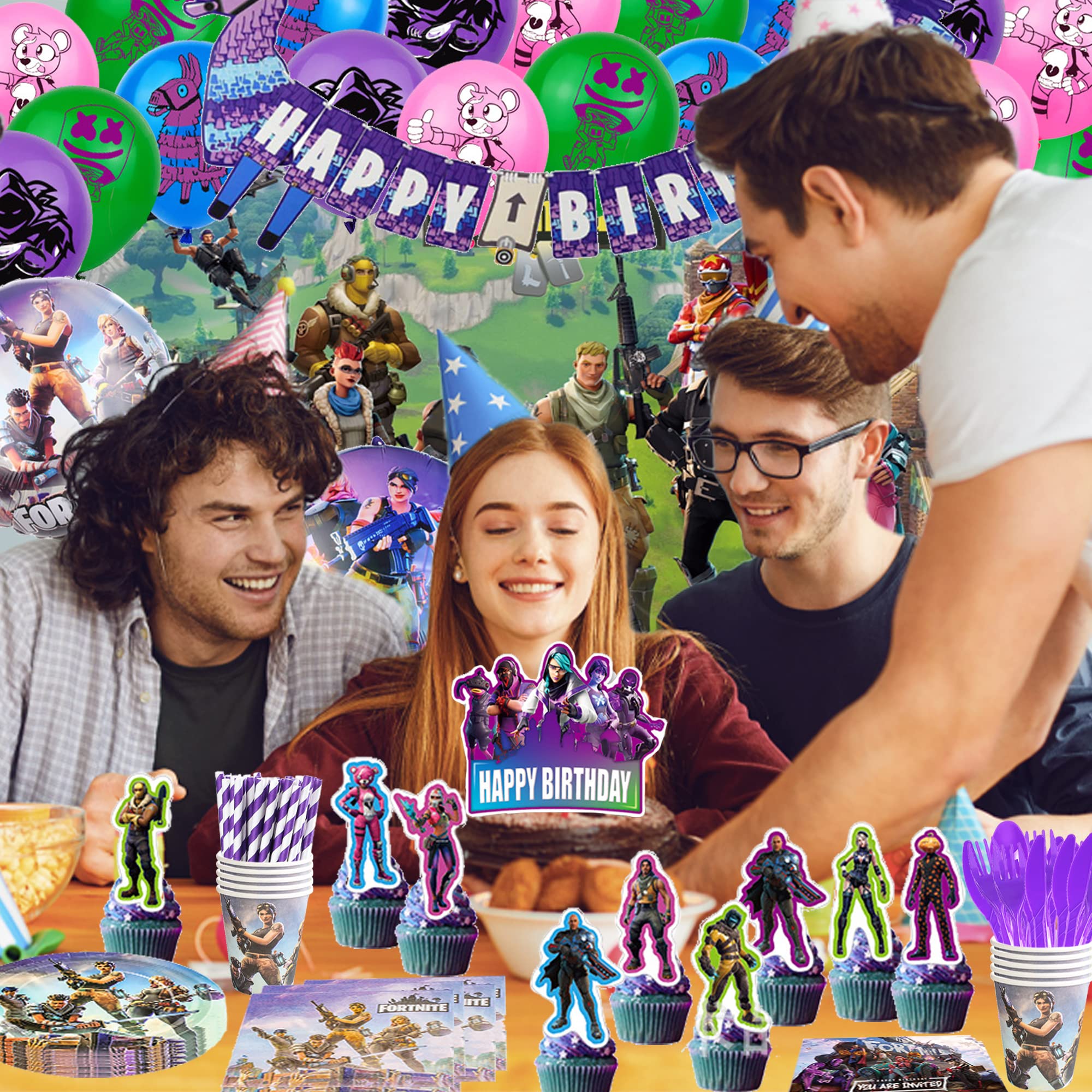 Video Game Party Supplie, 226 Pcs Birthday Decorations includes Happy Birthday Banner, Backdrop, Balloon, Cake Topper, Tableware, Napkins, Stickers