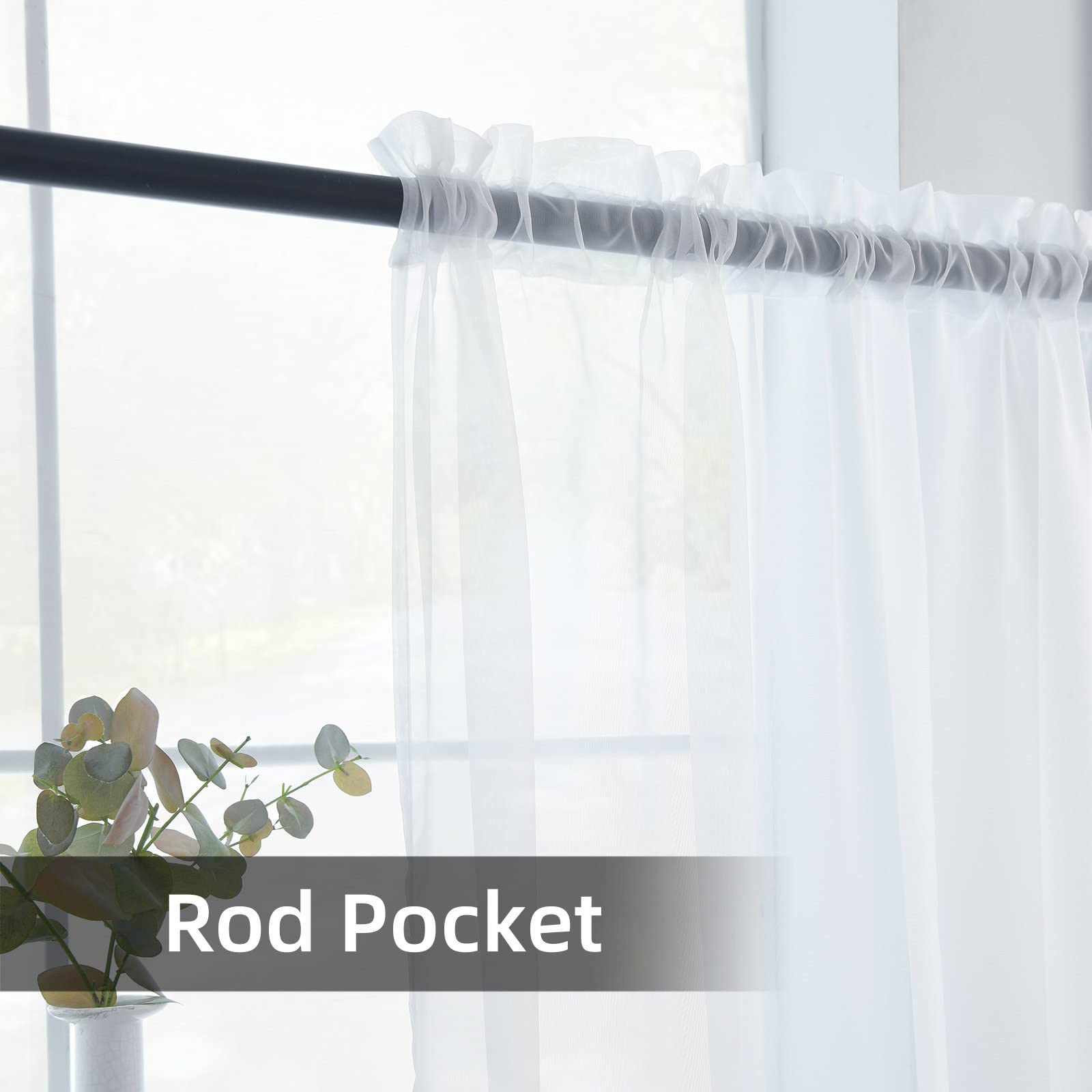 youleyar Solid Sheer Rod Pocket Curtain Voile Draperies 2 Panels White Beige Black Grey Ivory 52 Inch Width 84 Inch Long 1 Pair for Kitchen Bedroom Children Living Room Yard(White,52" Wx84 L)