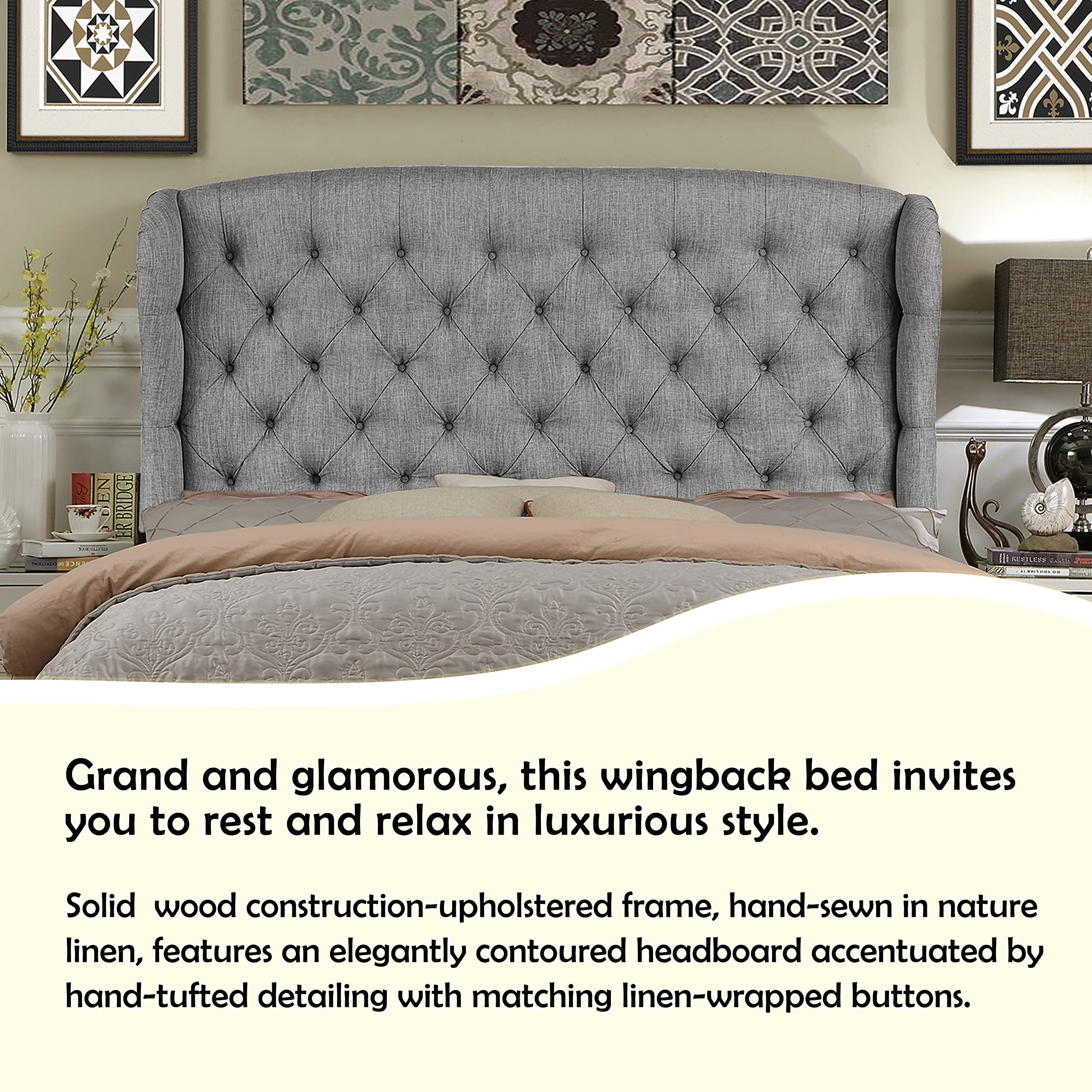 Rosevera Marcelle Bed Frame,Wingback Bed Frame with Signature Design Adjustable Headboard,Upholstered with Button Tufting Bed for Bedroom,Wood Slat Support,Eesy Assembly,Twin,Gray