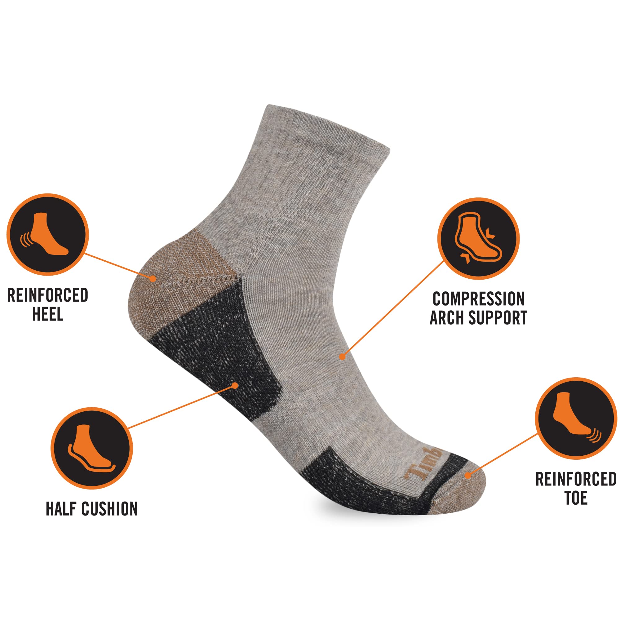 Timberland Men's 4-Pack Half Cushioned Quarter Socks, Brown, One Size