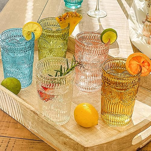 Vintage Textured Rose Gold Striped Drinking Glasses Set of 6, (13 oz) Ribbed Glassware Set | Cocktail Set, Ice Tea Glasses, Juice Glass, Water Cups