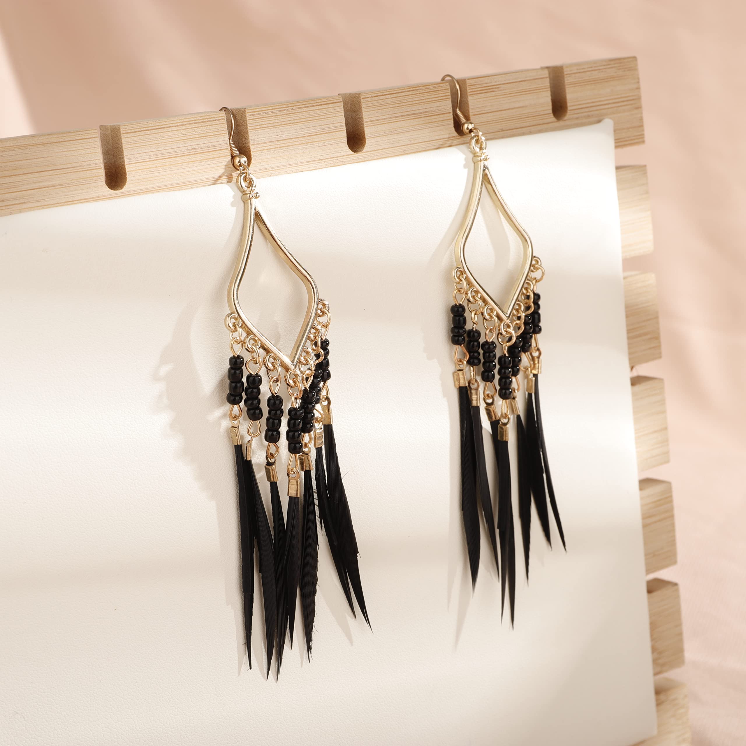 YERTTER Gold Long Dangle Bohemian Black Fake Feather Tassel Dangle Beads Earrings Halloween Tassel Earrings Light Feather Vintage Hook Ear Accessories Gift for Women Girls (Style 1)