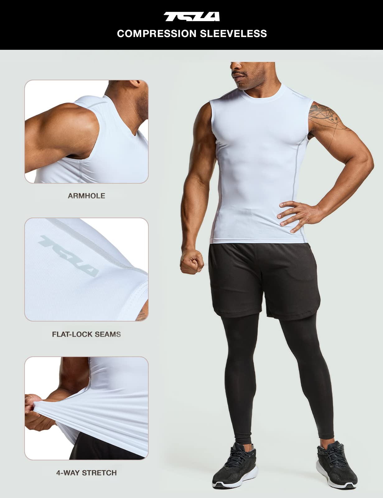 TSLA Men's Sleeveless Workout Shirts, Dry Fit Running Compression Cutoff Shirts, Athletic Training Tank Top, Active Top White, Large