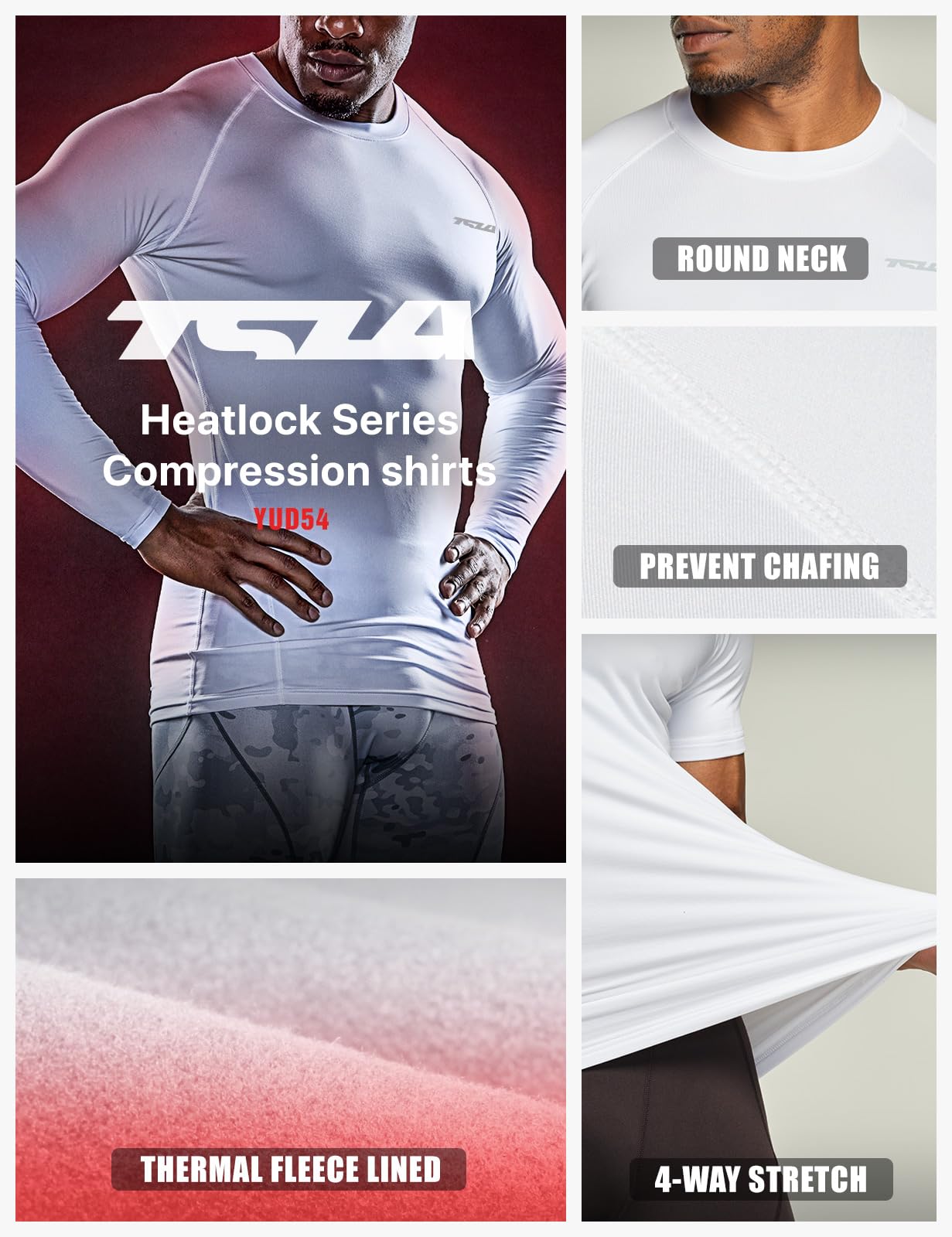TSLA Men's Thermal Long Sleeve Compression Shirts, Athletic Base Layer Top, Winter Gear Running T-Shirt, Heatlock Round Neck White, Large