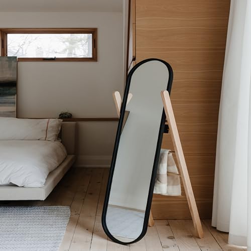 Umbra Hub Floor Length Mirror with Storage Rack, Modern Black Rubber Rim and Solid Wood Storage Ladder, Black/Natural Finish