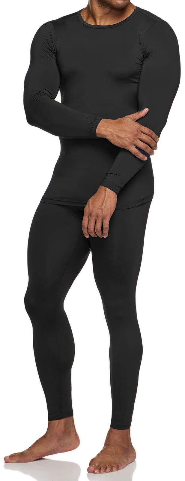 TSLA Men's Thermal Underwear Set, Microfiber Soft Fleece Lined Long Johns, Winter Warm Base Layer Top & Bottom, Soft Micro Fleece Fly-front Black, X-Large