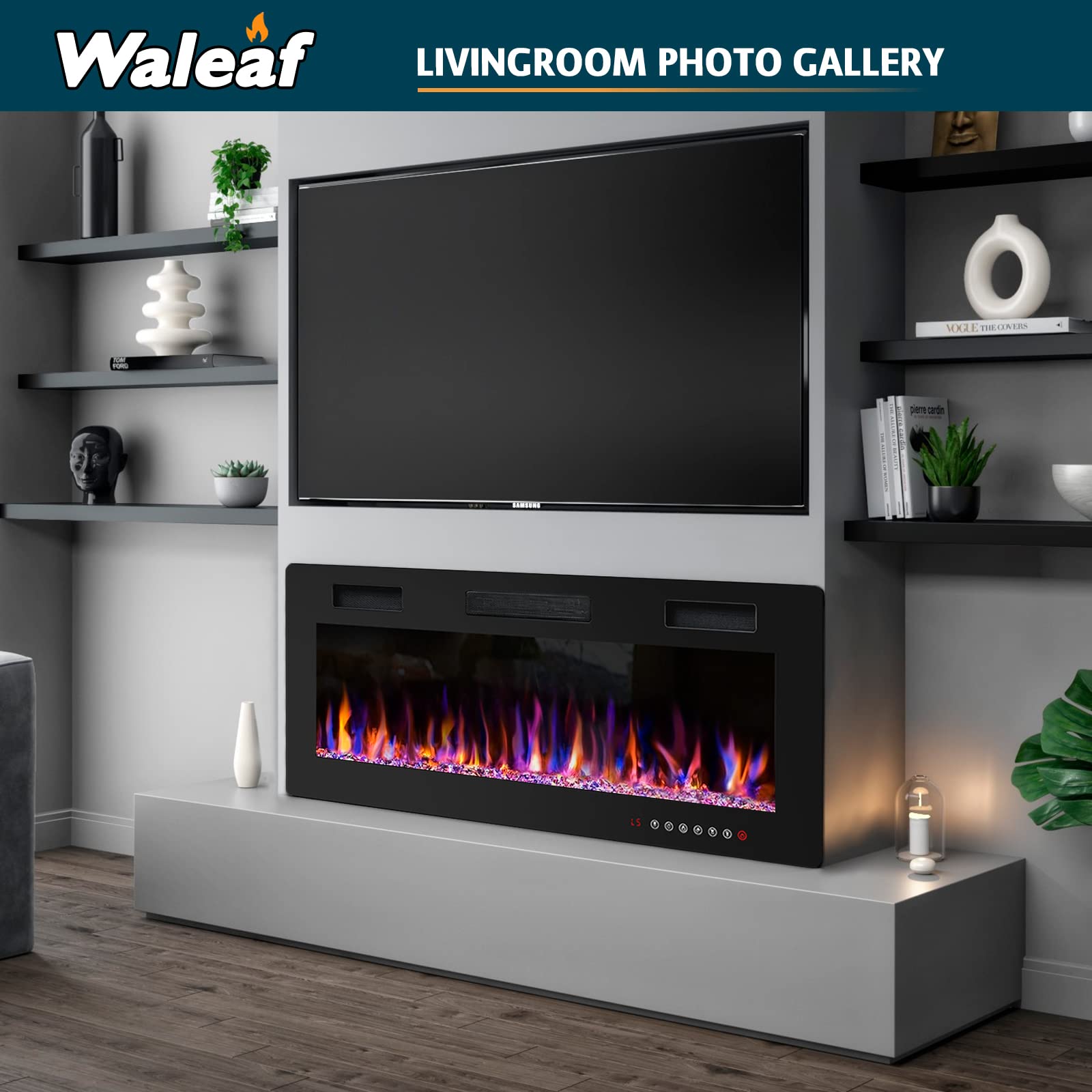 Waleaf 60 inch Ultra-Thin Electric Fireplace Wall Mounted and Recessed,Fireplace Heater with Multicolor Flame fit for 2 x 4 and 2 x 6 Stud, Remote Control Touch Screen,Timer,Low Noise,750/1500W