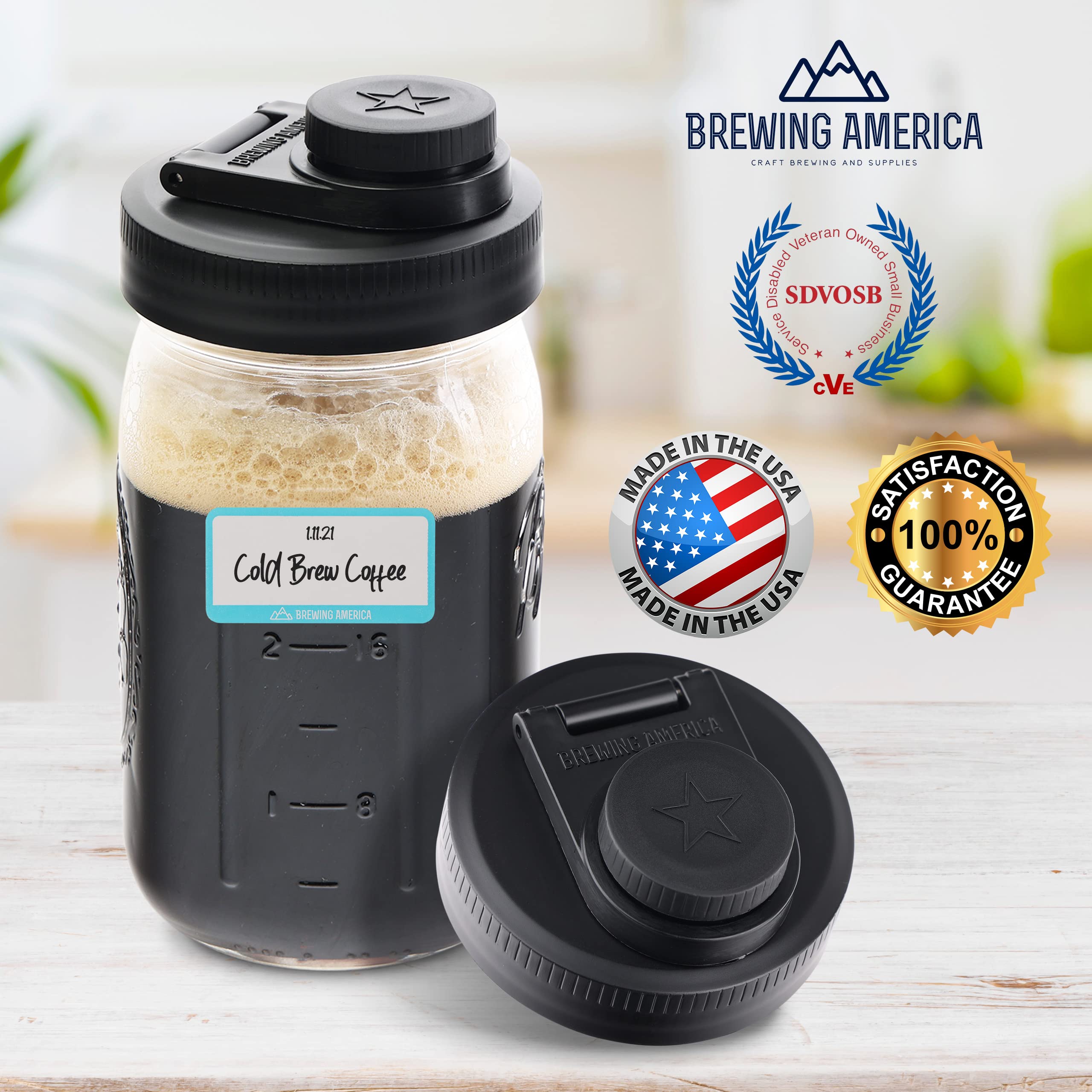 Wide Mouth Mason Jar Lids and 1 Quart Filter for Cold Brew Coffee - 4-pack American-made No-Leak Lids and Quality Stainless Steel Filter