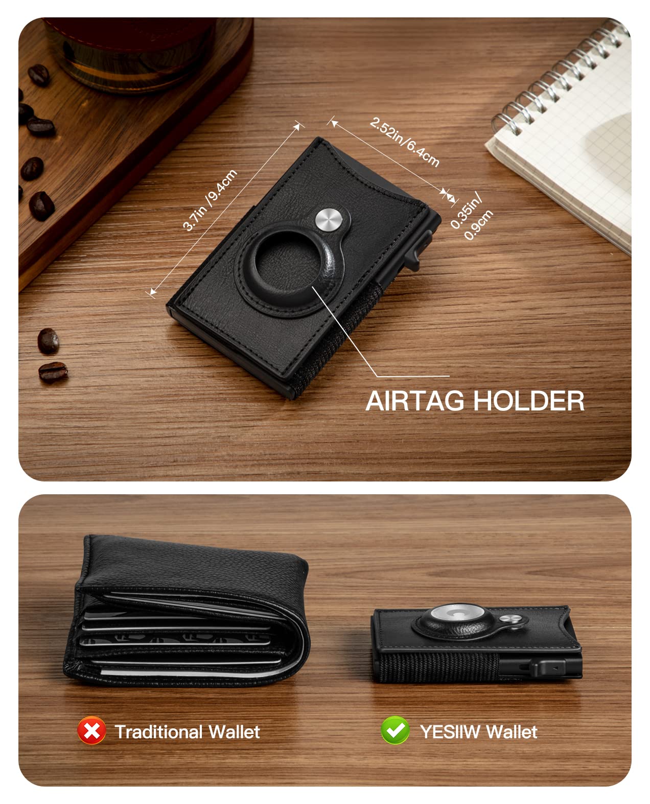 YESIIW AirTag Wallet for Men with Apple Airtag Holder RFID Blocking Slim Pop up Air Tag Credit Card Holder with Elasitc Pocket Smart Leather Wallet with Multi Purpose Survival Tool Black