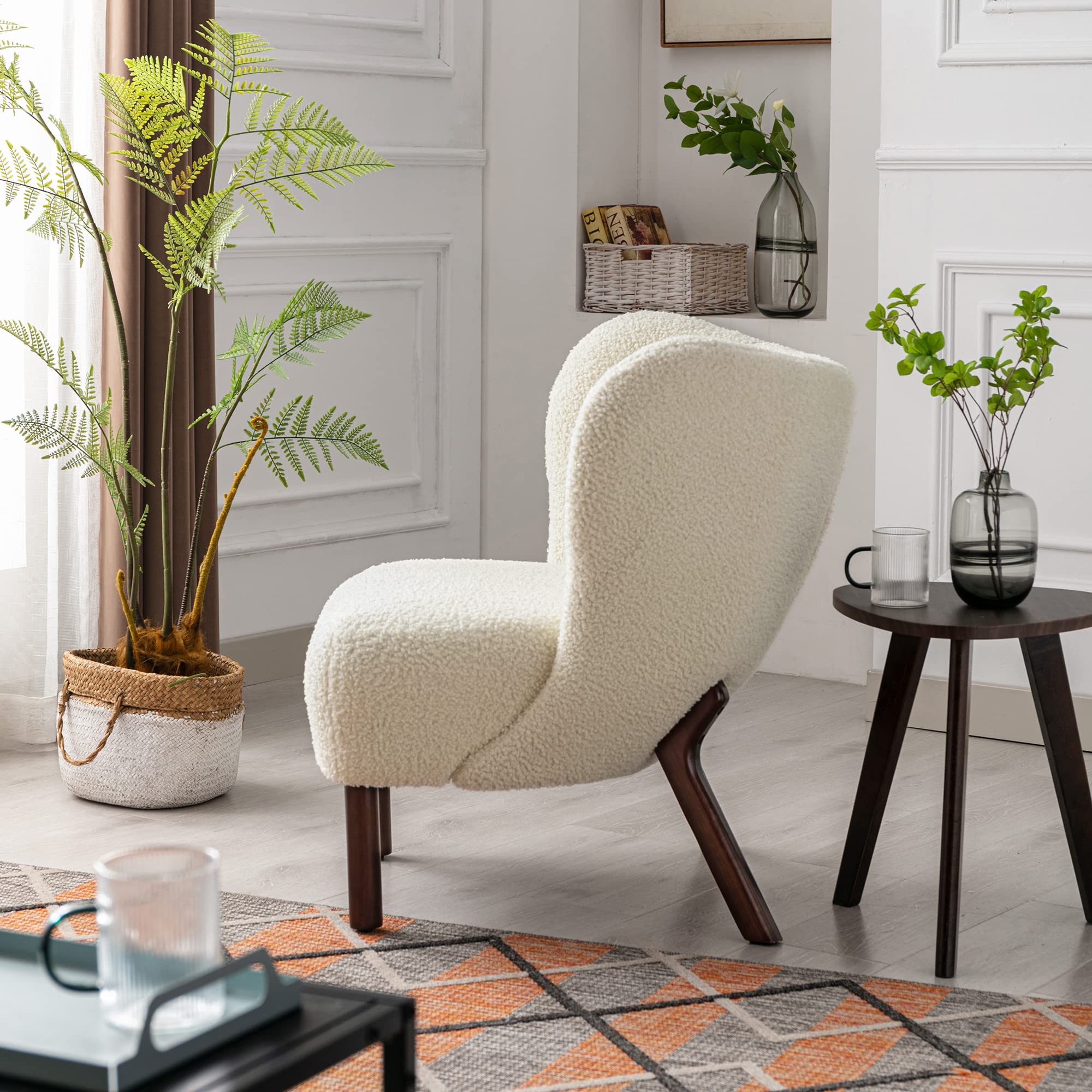 ViolaDresses Modern Accent Chair Lambskin Sherpa Wingback Tufted Side Chair with Solid Wood Legs for Living Room Bedroom,Cream