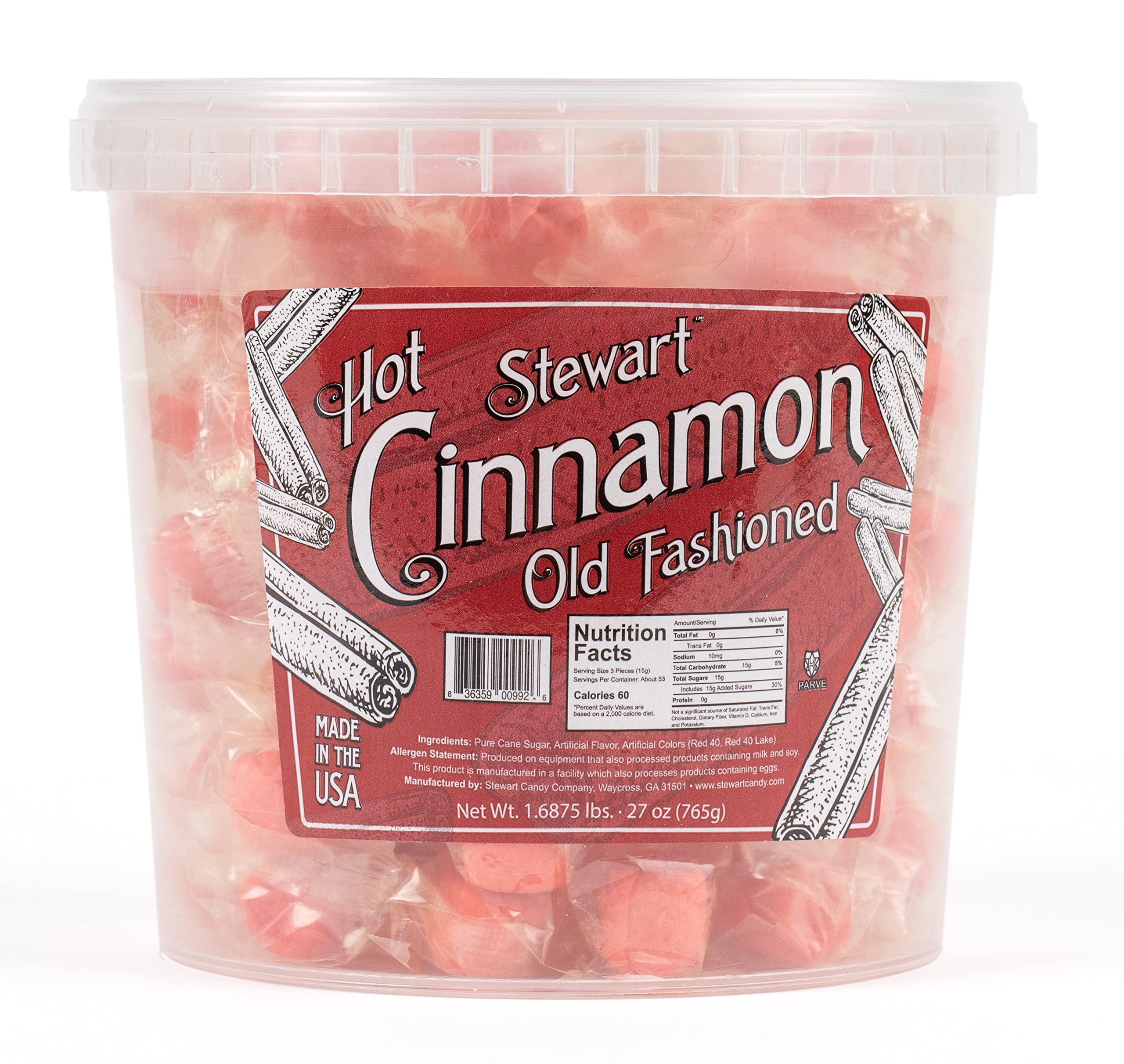 Stewart Old Fashioned Hot Cinnamon Flavored Pure Sugar Candy Puff Balls - Individually Wrapped Candy Snack, Fat-Free, Cholesterol-Free, Gluten-Free, Made in the USA - 27oz Tub