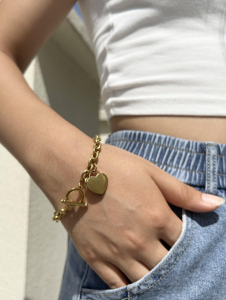 WangGao Elegent Love Stainless Steel Link Chain Blank Heart Charms Bracelet for Women Fits 6.27-7.24'' Wrist Toggle Clasp Closure Gold