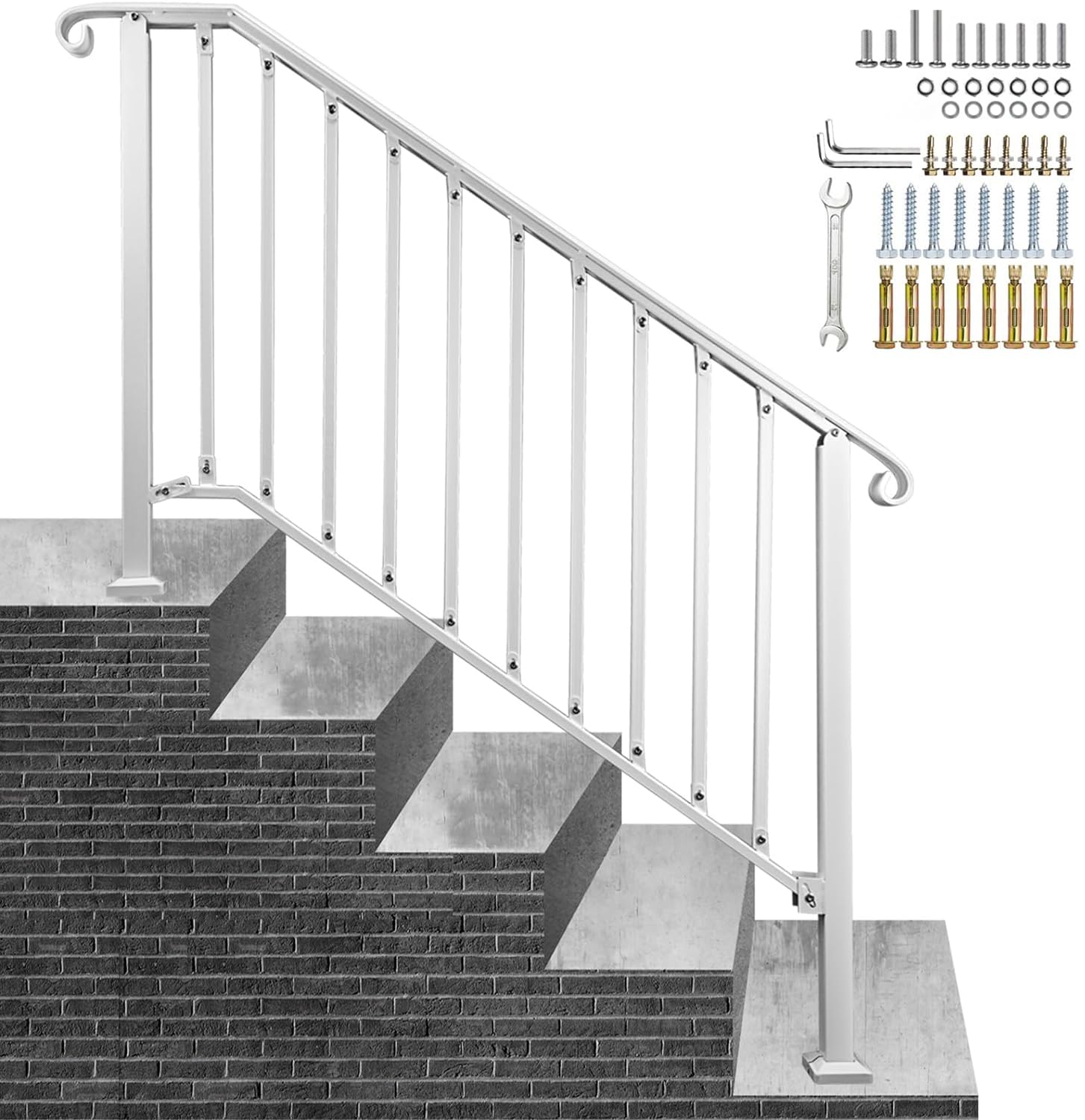 Zwinz Adjustable Handrails for Outdoor Steps, Handrail Picket #4 Fits 4 or 5 Steps, Mattle Wrought Iron Handrail, Stair Rail with Installation Kit for Outdoor Steps