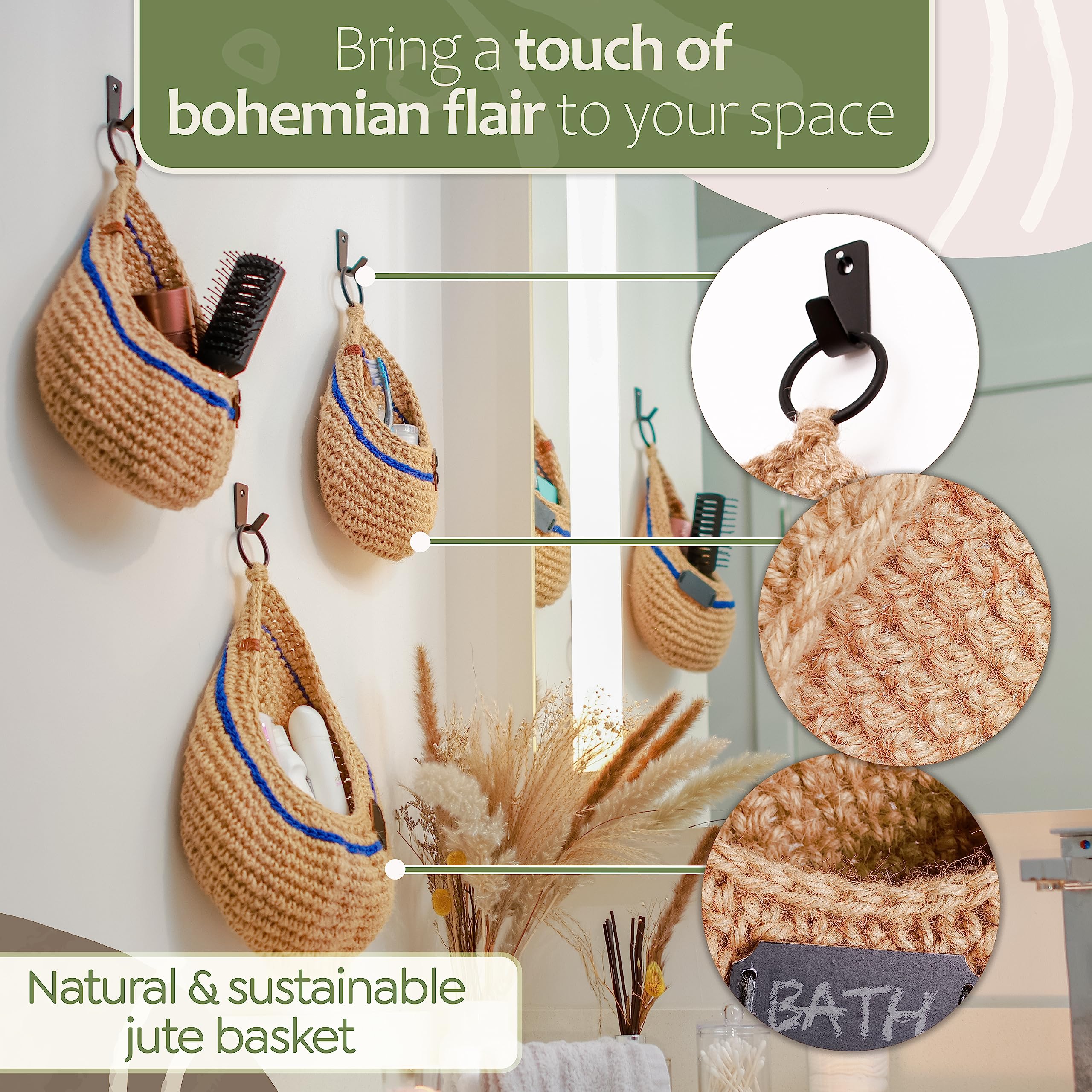 Wall Hanging Basket Set of 3 β 100% Natural Jute Hanging Baskets for Organizing β Handmade Hanging Fruit Basket and Hanging Wall Basket w/Extra Strong Hanging Hooks β Home & Kitchen Storage by TheDOM