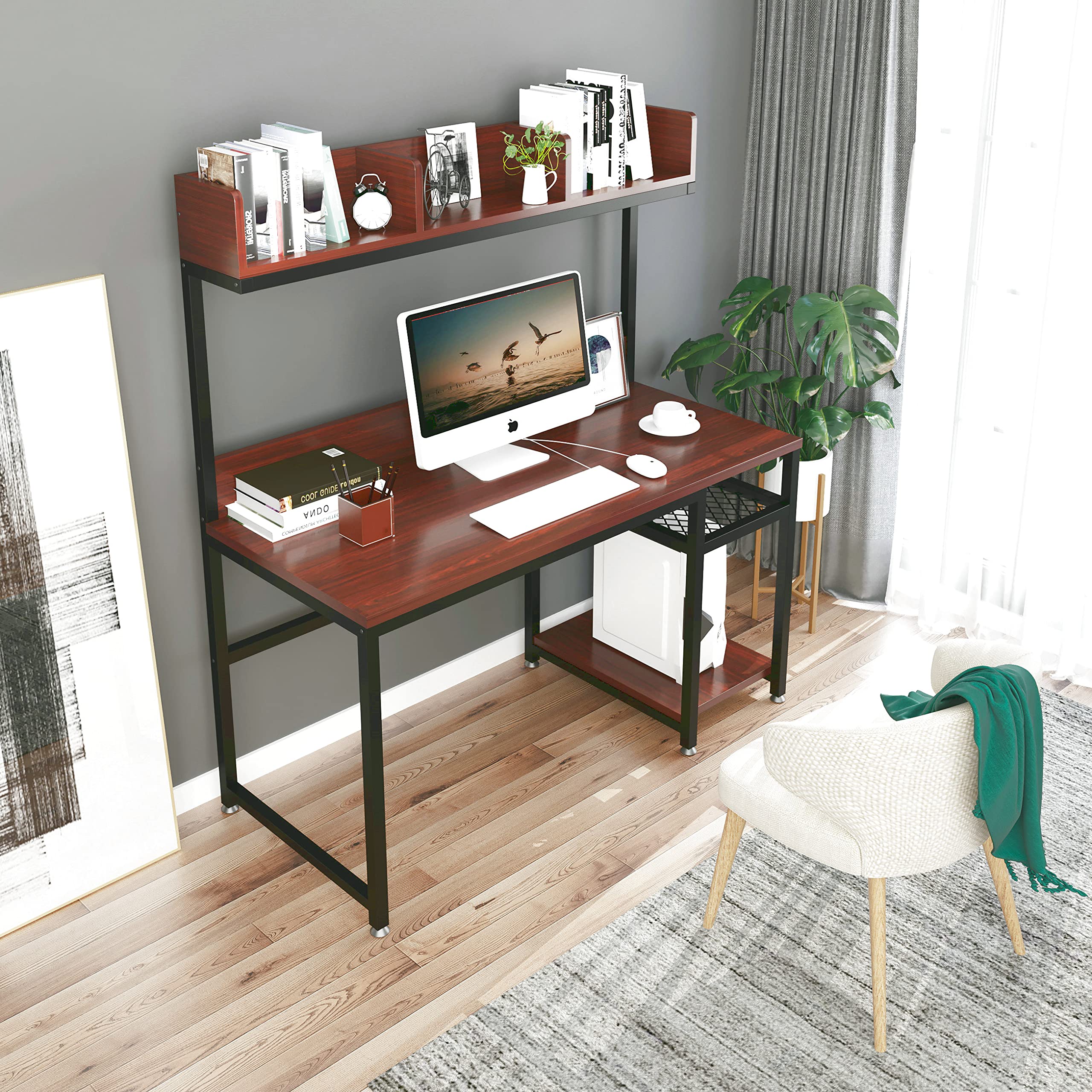 wellrun Computer Desk with Storage Shelves 47'' Office Desk with Hutch Industrial Writing Desk Modern PC Laptop Wood Study Table for Home Office (Teak)