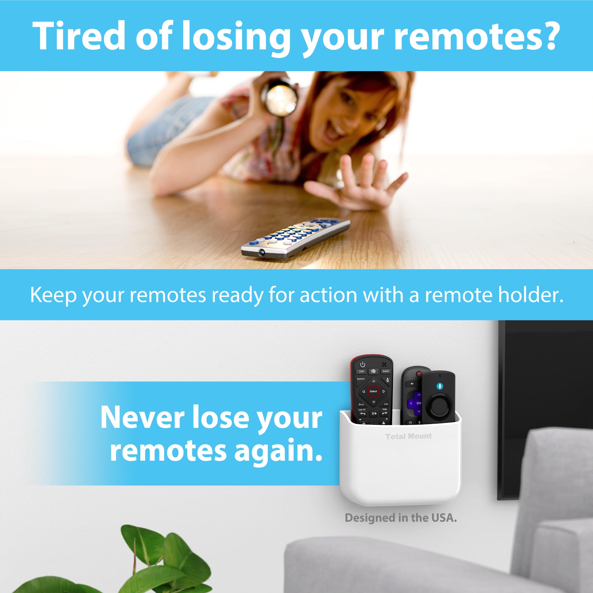 TotalMount Hole-Free Remote Holder β Eliminates Need to Drill Holes in Your Wall (for 2 or 3 Remote Controls β White β Quantity 1)