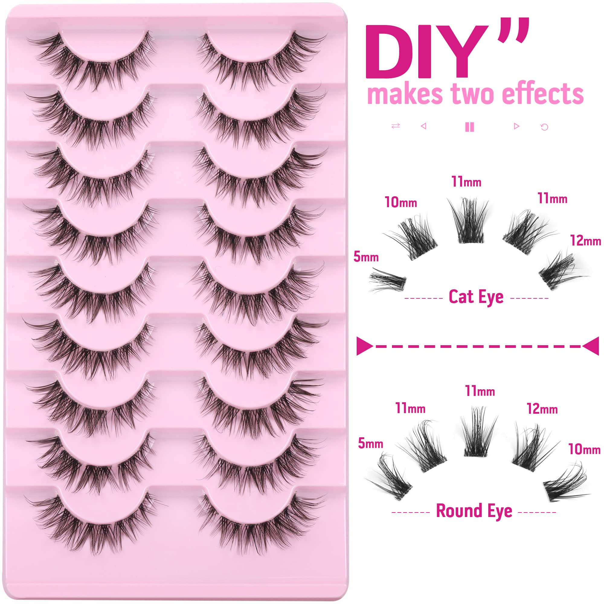 Wispy Lash Clusters 90Pcs Natural Eyelash Clusters Cat Eye Lash Extension Clear Band Cluster Lashes Natural Look Fluffy False Lashes 12MM