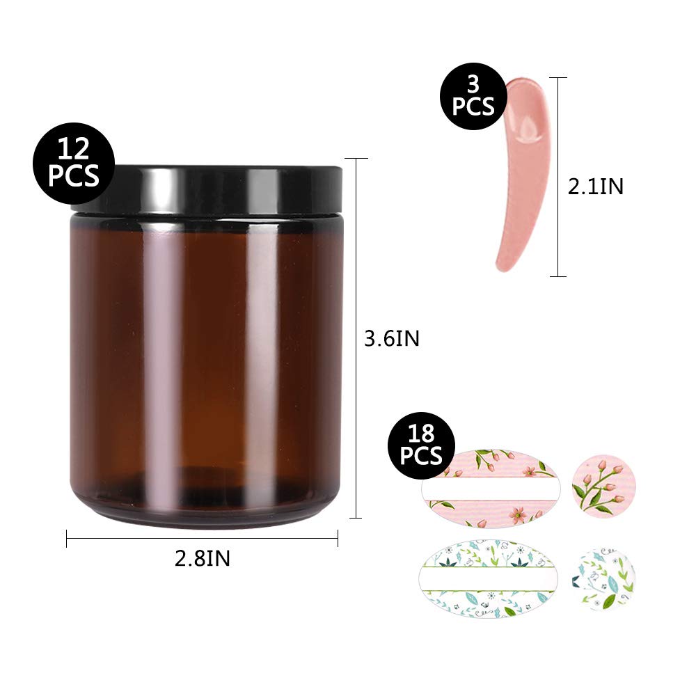 STARSIDE 12 Pack 8 oz Amber Glass Jars with Black Lids,Glass Candle Jars Round Jars for Cosmetics and Face cream Lotion.