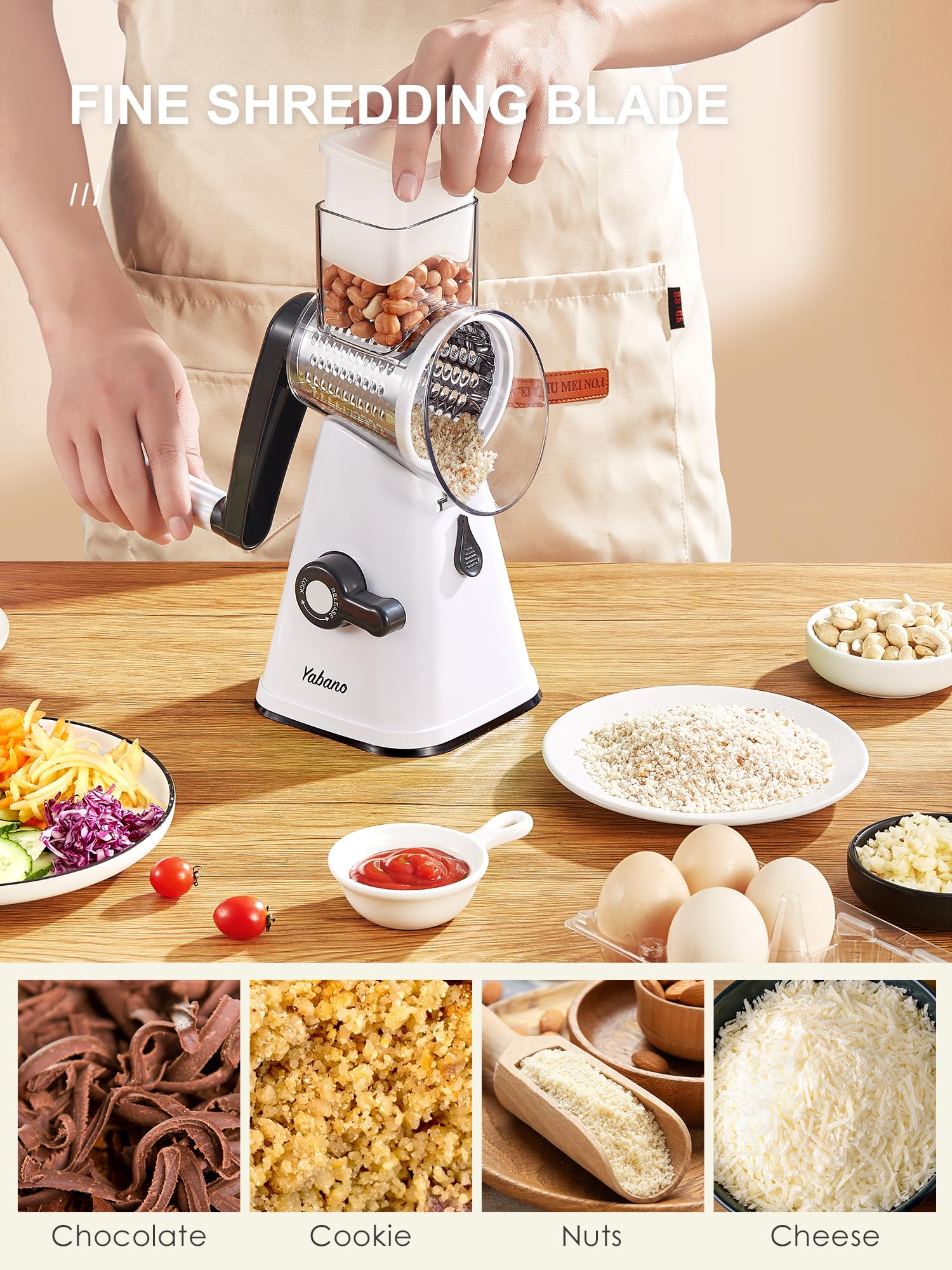 Yabano Rotary Cheese Grater Cheese Shredder with Handle, Vegetable Slicer for Kitchen, 3 Replaceable Stainless Steel Drum Blades, Easy To Use & Clean, Manual Nuts Grinder with Cleaning Brush, White