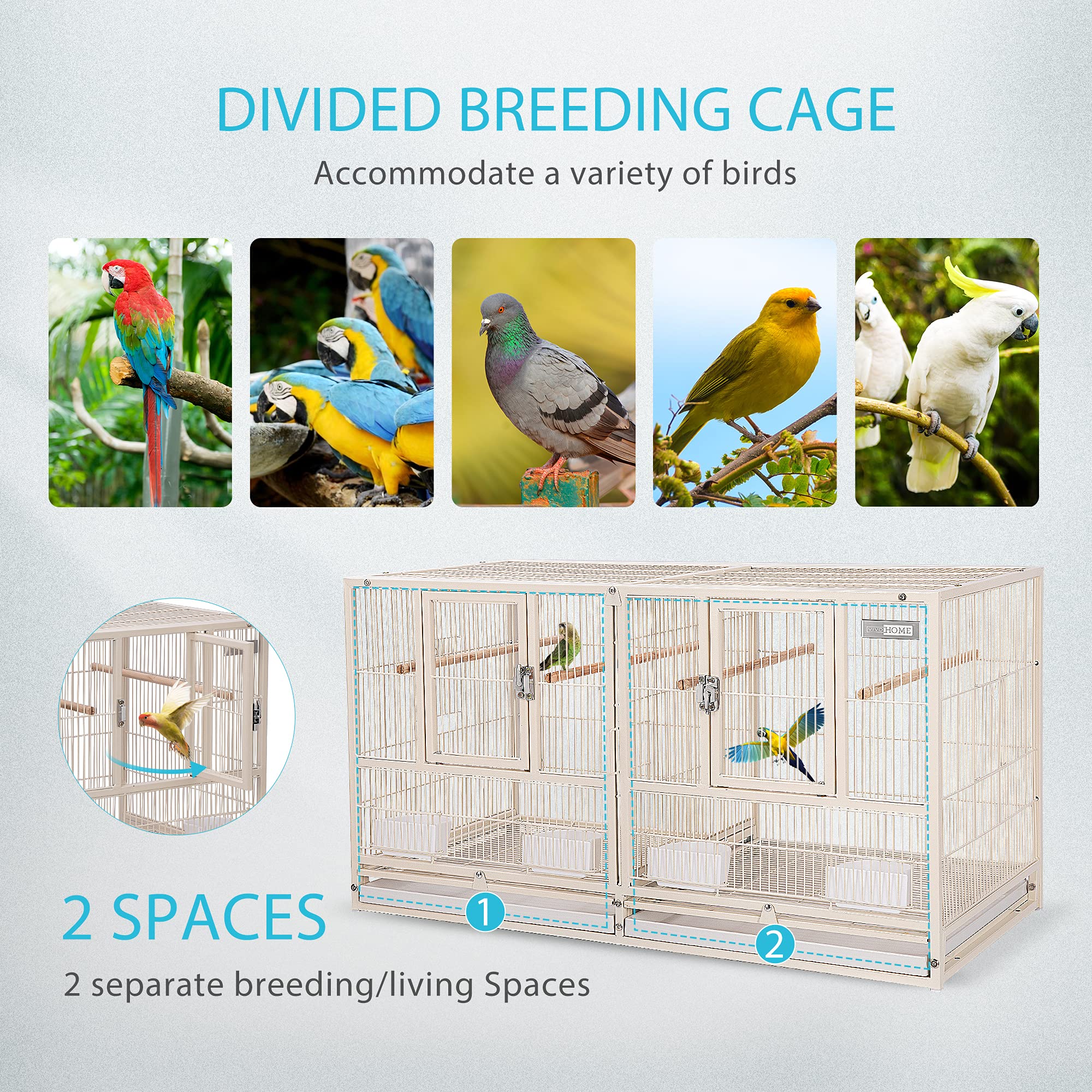 VIVOHOME 41.5 Inch Stackable Divided Breeding Iron Bird Cage Parakeet House with Rolling Stand for Canaries Cockatiels Lovebirds Finches Budgies Small Parrots